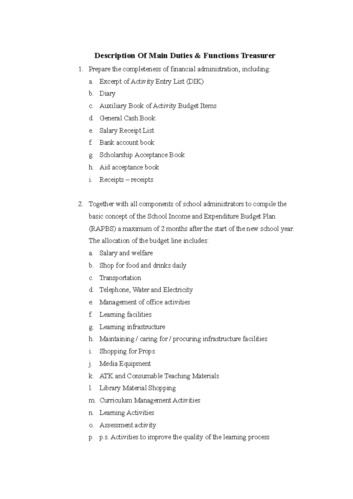 Functions School Treasurer - Description Of Main Duties & Functions ...