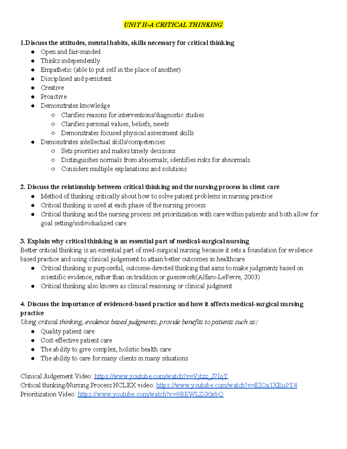 Med Surg Objectives Exam #1 - UNIT II-A CRITICAL THINKING 1 the ...
