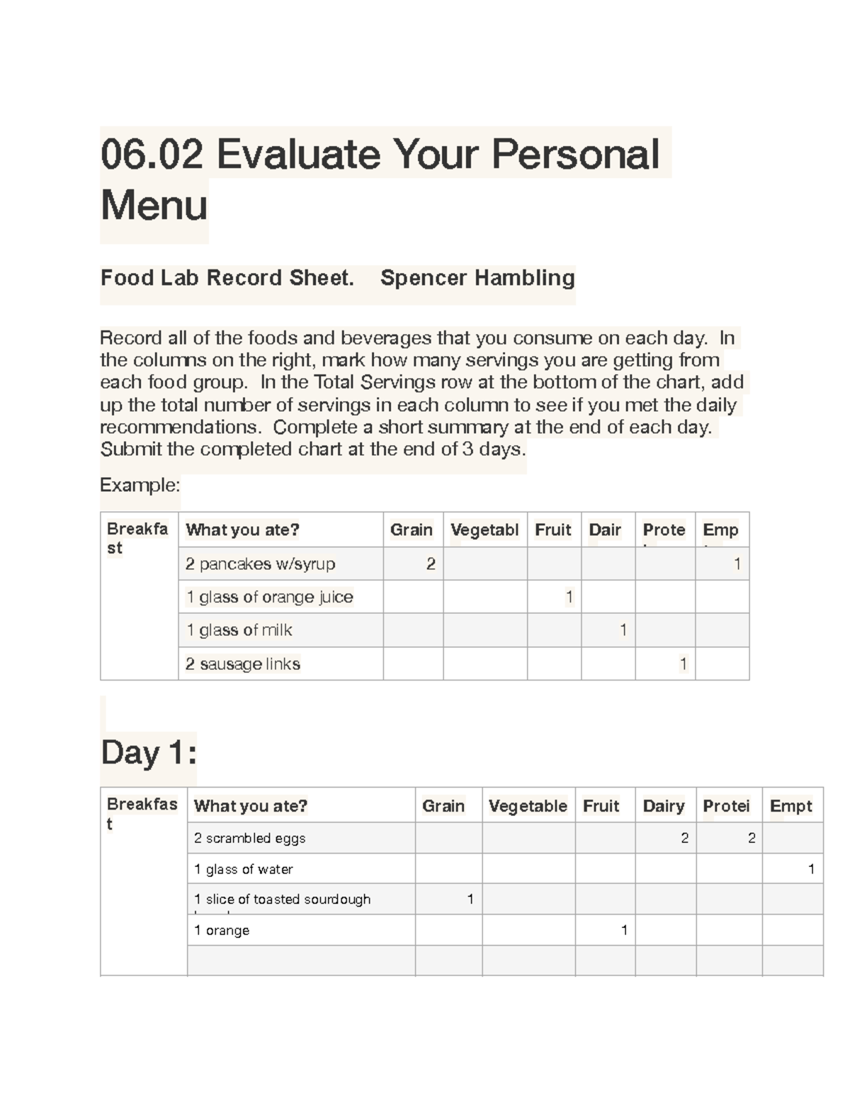 06.02 evaluate your personal menu - 06 Evaluate Your Personal Menu Food ...