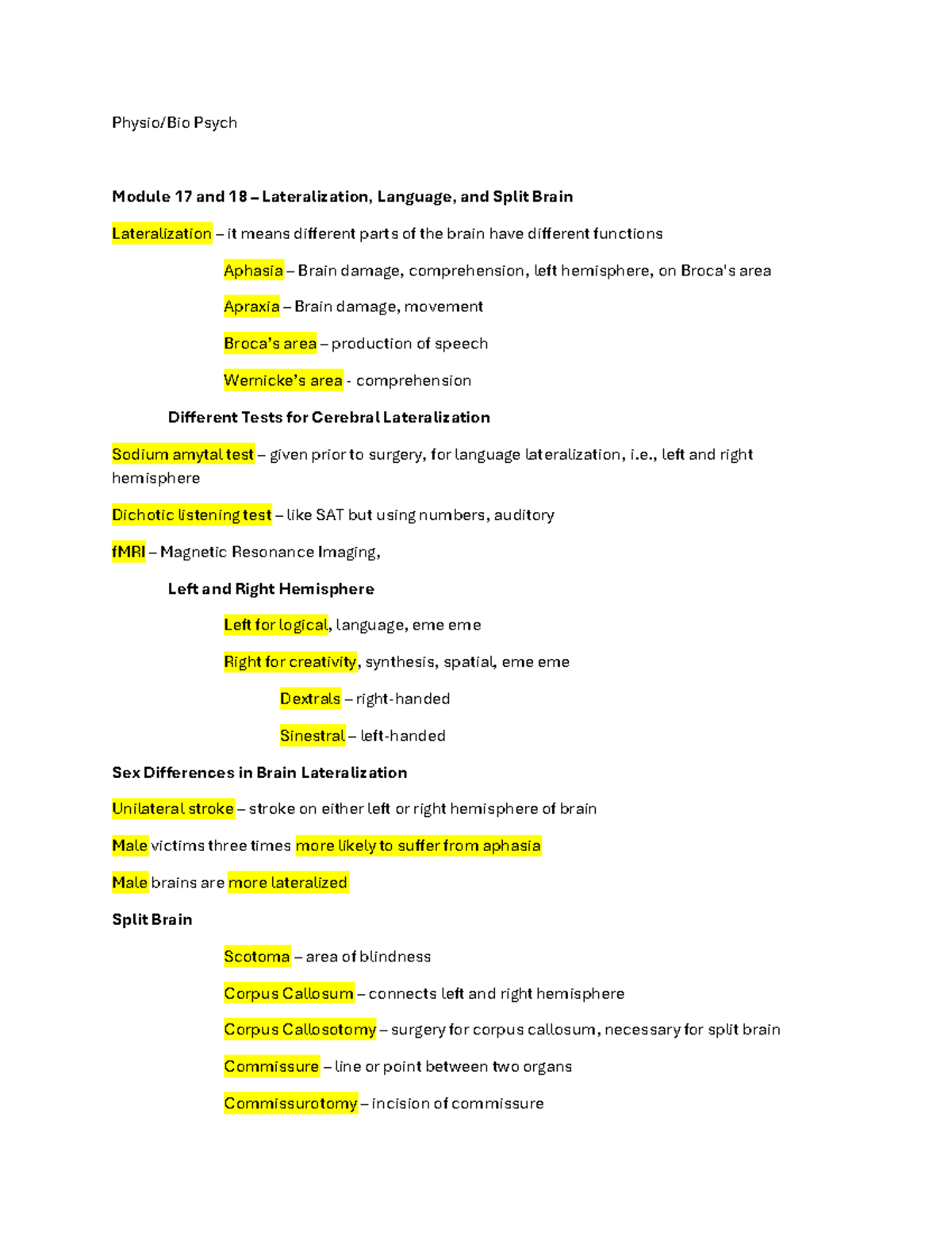 Physio Bio - review - Physio/Bio Psych Module 17 and 18 – Lateralization, Language, and Split ...
