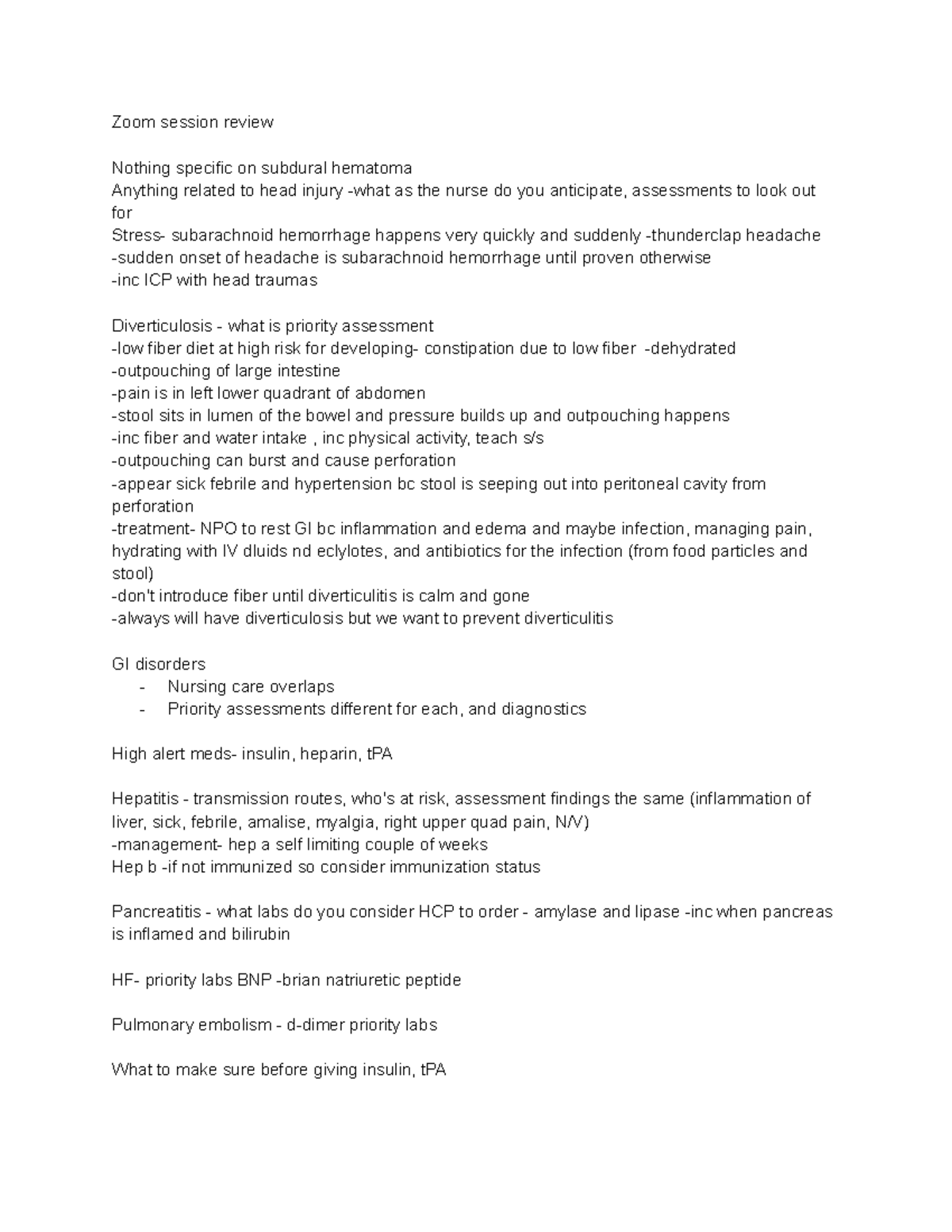 Zoom session review - medsurg 1 notes mcweeney - Zoom session review ...