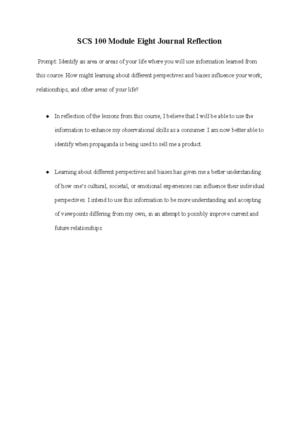 SCS 100 Module Eight Journal Reflection - SCS 100 Module Eight Journal ...