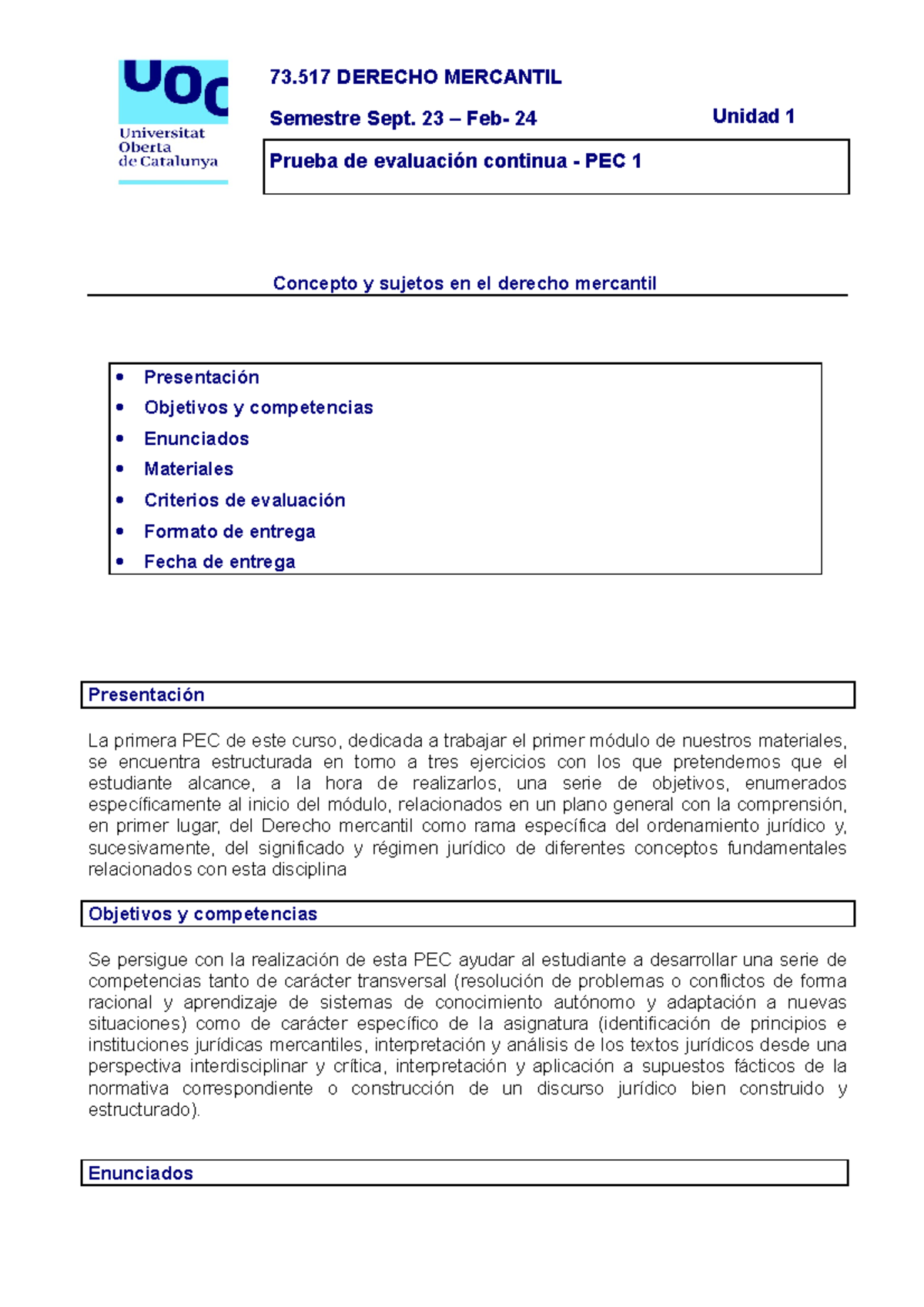 PEC 1 - Enunciado pec 1 Derecho Mercantil - Derecho mercantil I - UOC ...