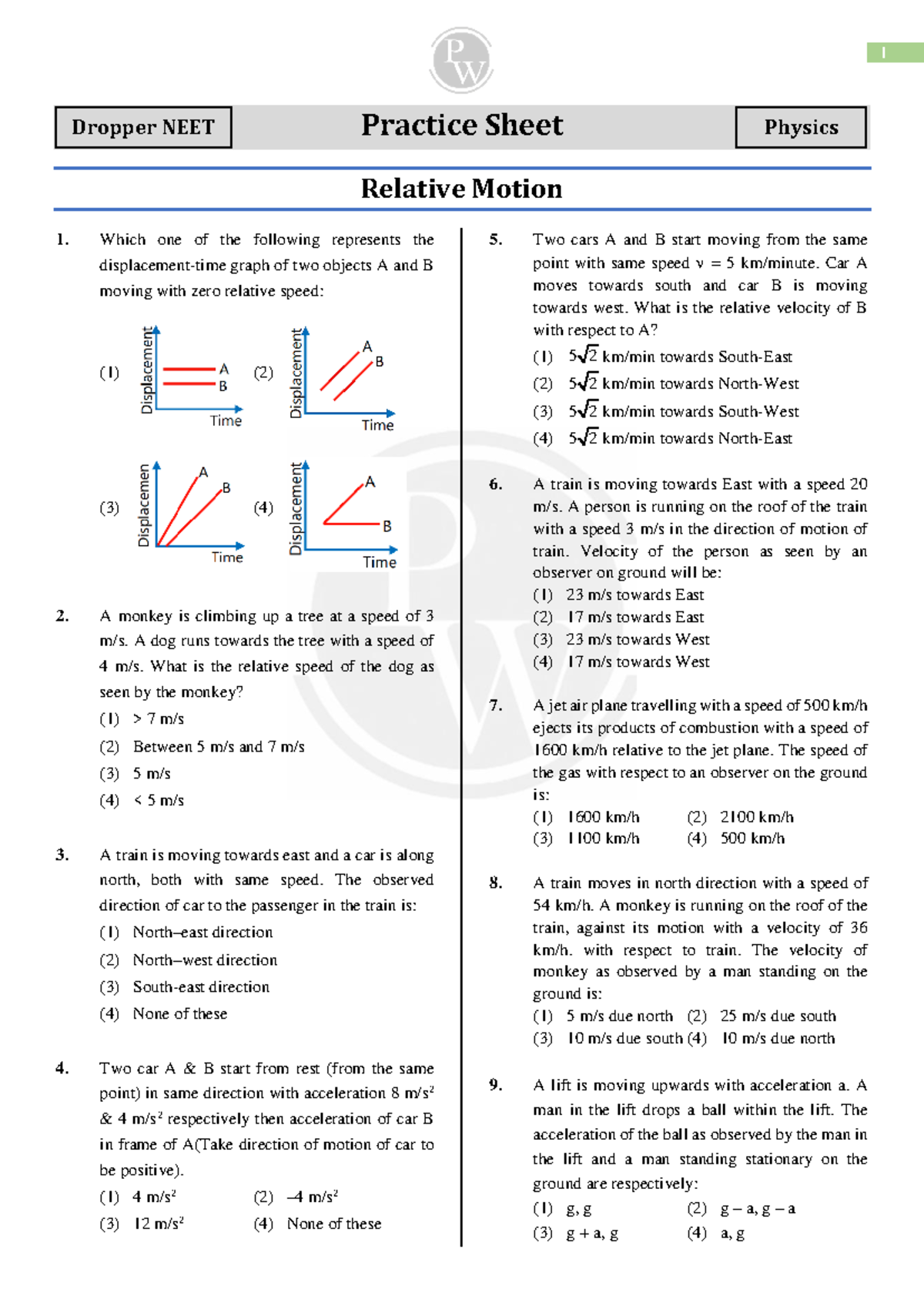 Practice Sheet Relative Motion Physics Saurav Sir Megha - Practice Sheet Relative Motion Which ...