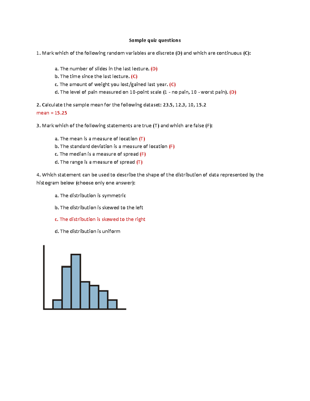 Sample quiz questions - Sample quiz questions Mark which of the following random variables are ...