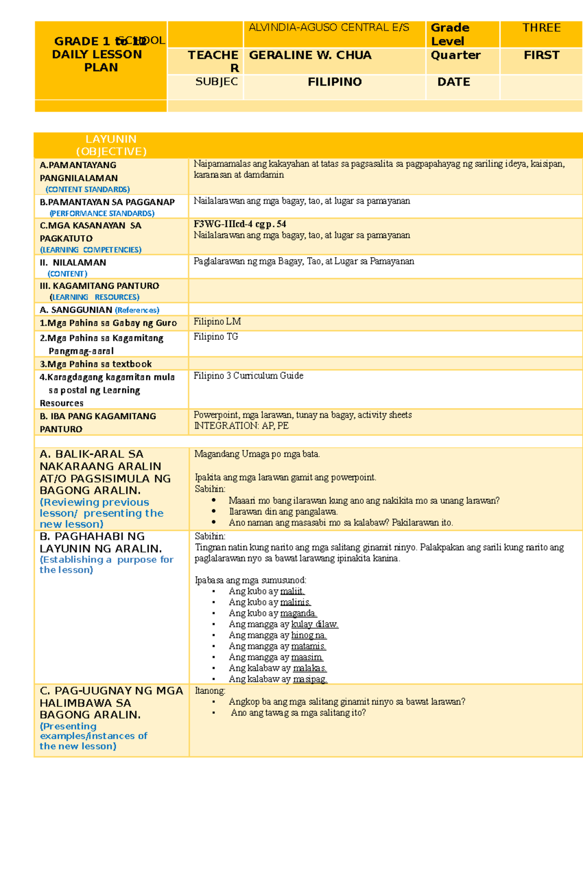 Filipino 3 COT First - none - GRADE 1 to 12 DAILY LESSON PLAN SCHOOL ...