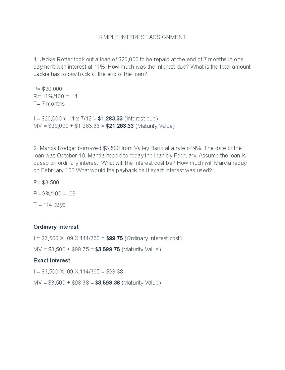 Simple Interest Assignment - SIMPLE INTEREST ASSIGNMENT Jackie Rotter ...