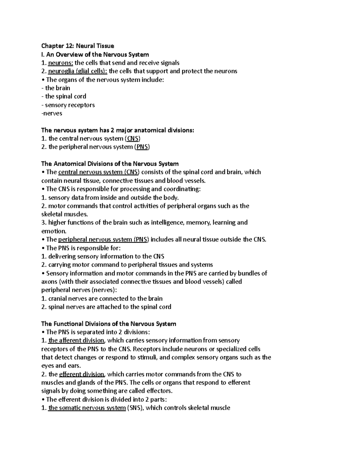 Chapter 12 FULL - Chapter 12: Neural Tissue I. An Overview of the ...
