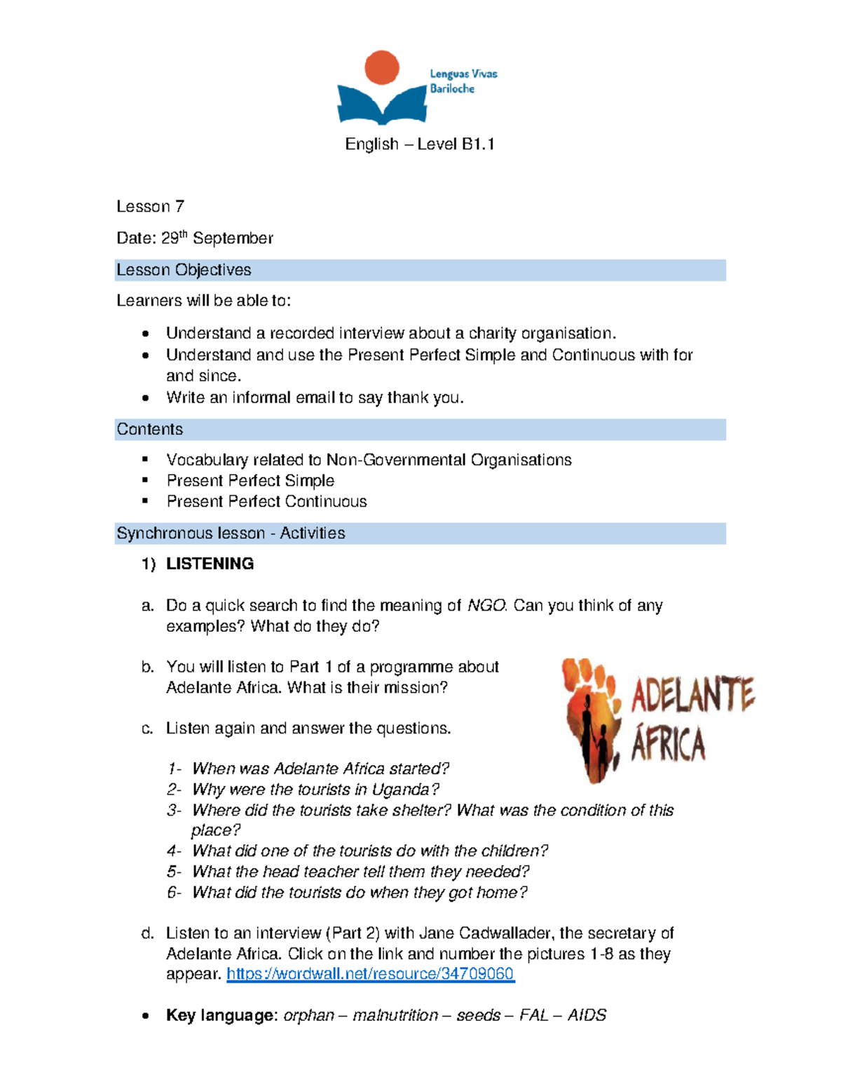 MB - English B1.1 - Lesson 7 - English – Level B1. Lesson 7 Date: 29th ...