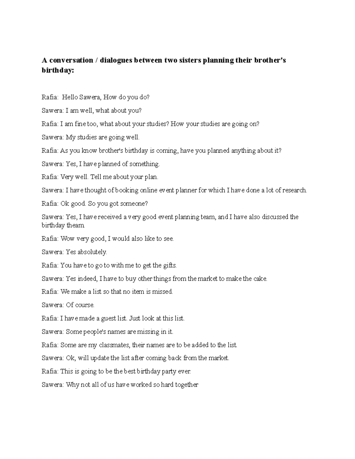 A conversation / dialogues between two sisters planning their brother's ...