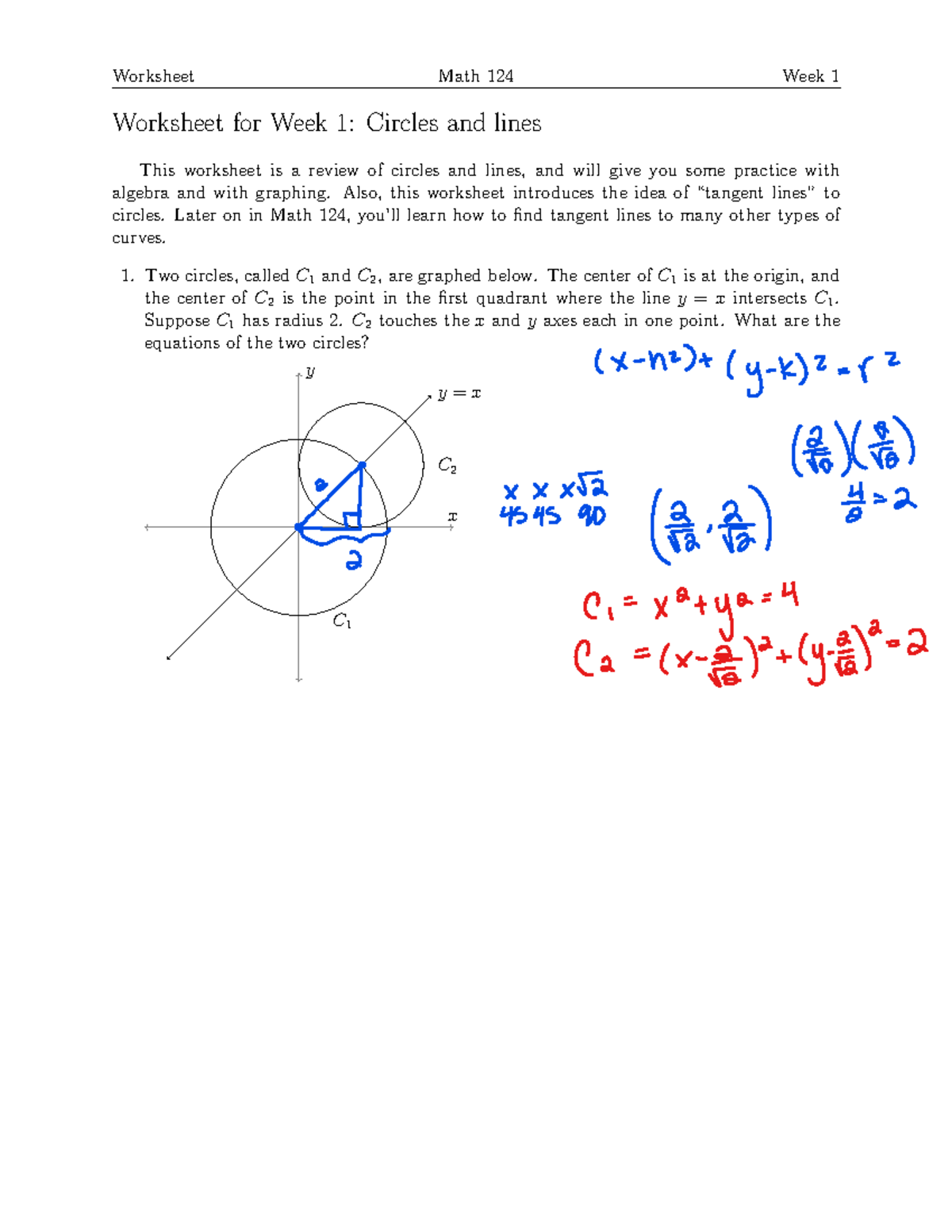 124 Matn Worksheet 1 - Worksheet for Week 1: Circles and lines This ...