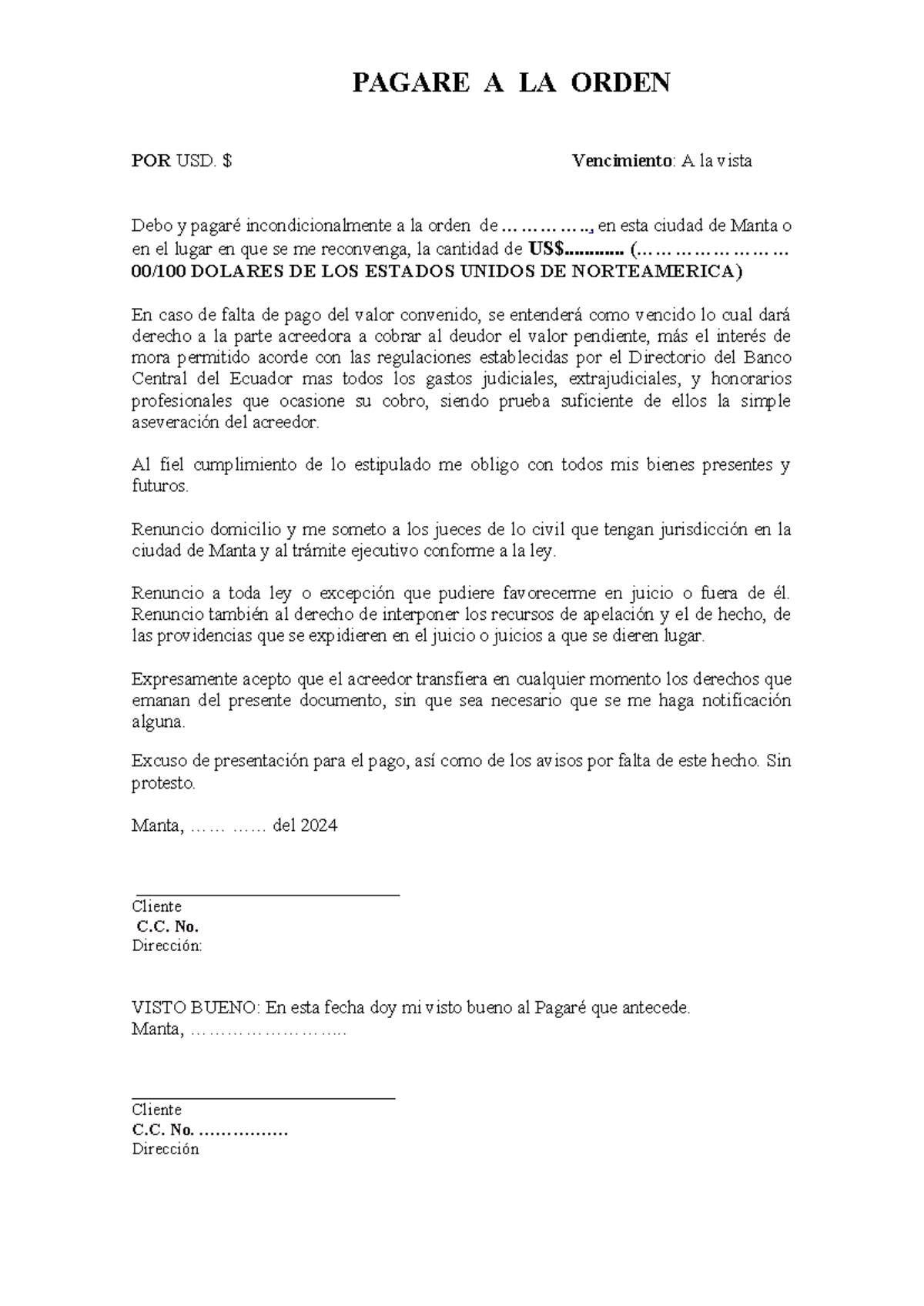 PAGARE A LA ORDEN VENCIMIENTO A LA VISTA PARA LLENAR FACILMENTE EN WORD ...