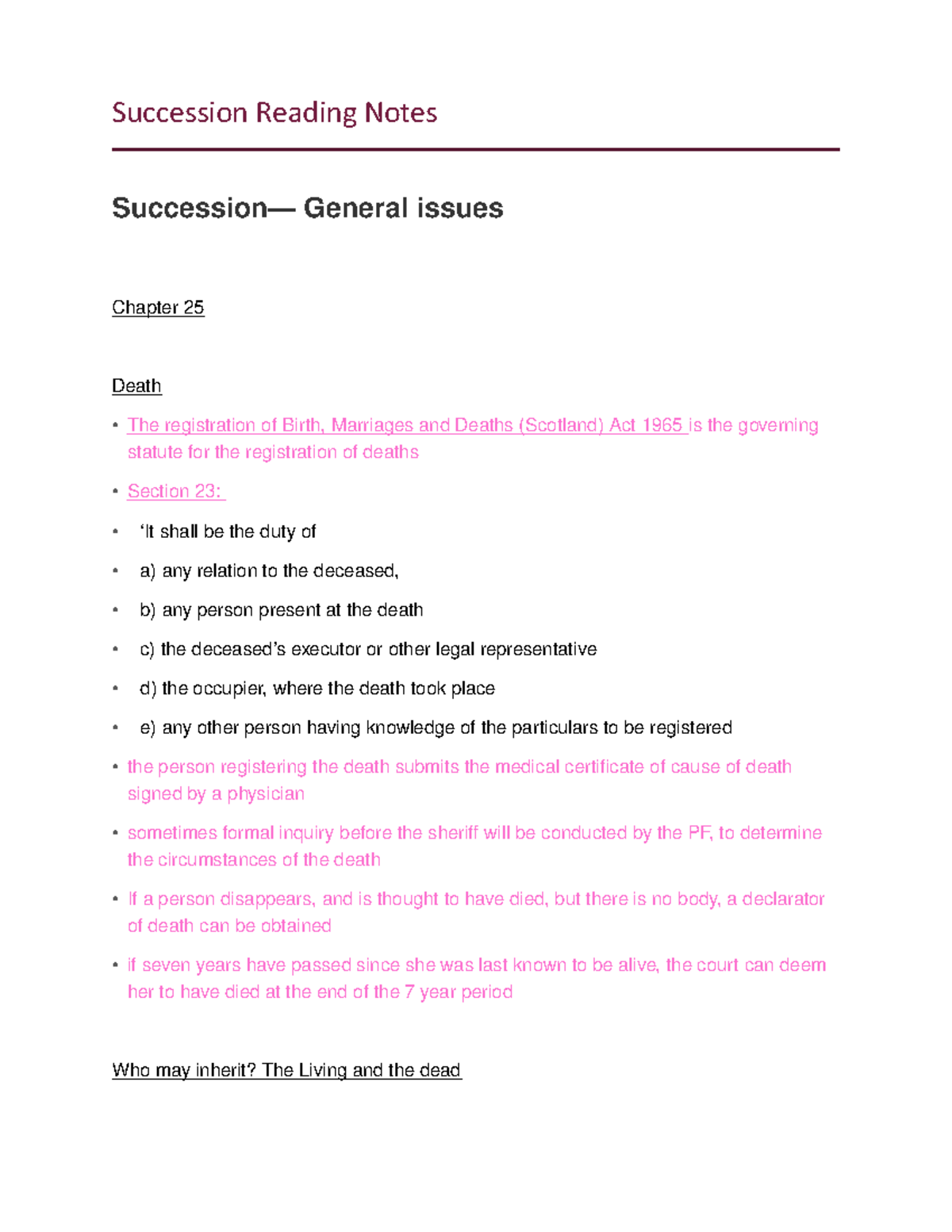 Succession Reading Notes - legacy (also called bequest). Can only ...