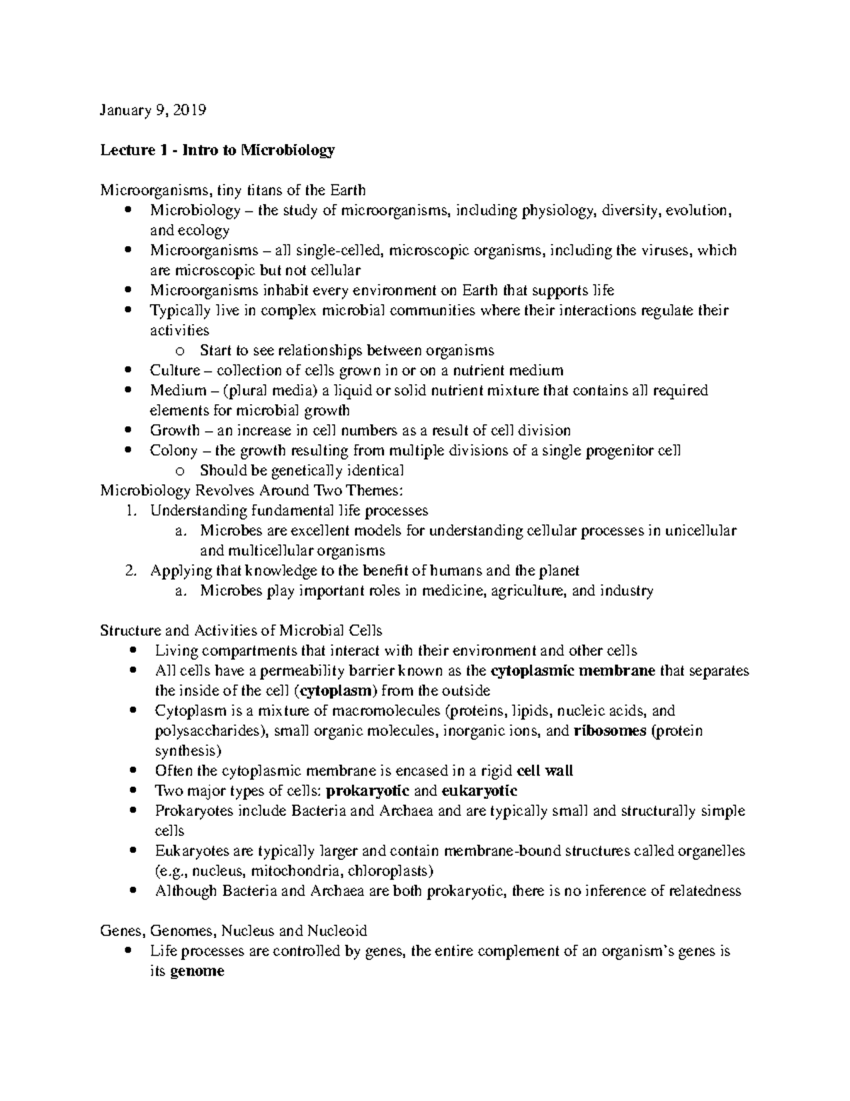 Chapter 1 Notes - January 9, 2019 Lecture 1 - Intro to Microbiology ...