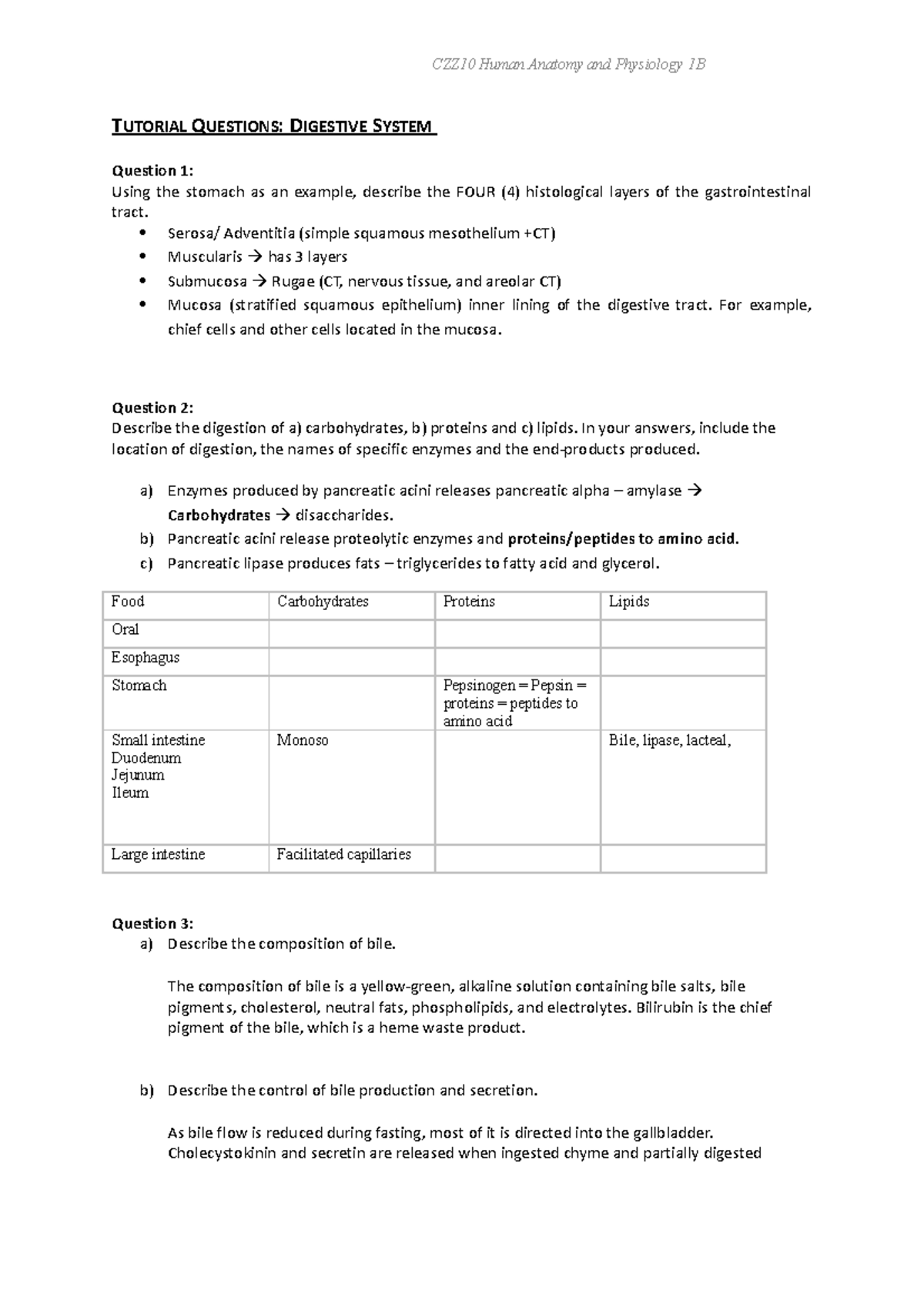 Week 9 Digestive Tutorial - CZZ10 Human Anatomy and Physiology 1B ...