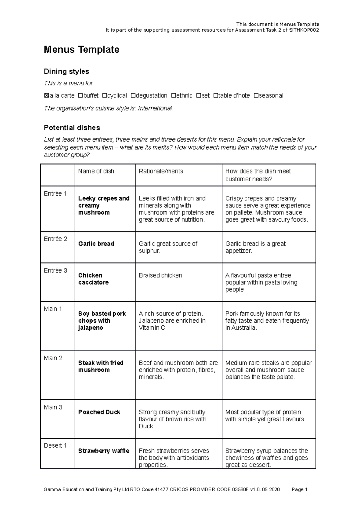 A la carte Menus - It is part of the supporting assessment resources ...