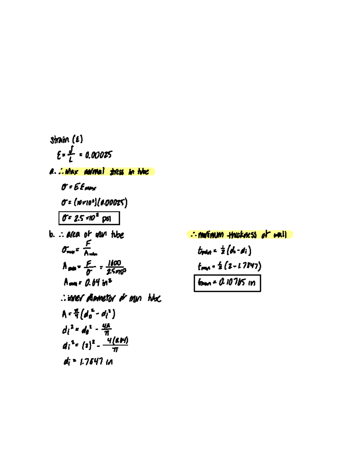 Engr 200 Unit 9 Notes - strain e E E 0. a i Max normal stress intube D ...