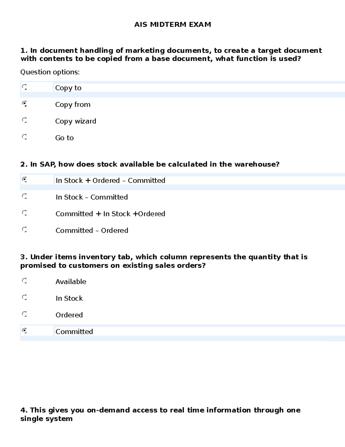 AIS 4 - AIS 1 Module 4 - AIS MIDTERM EXAM 1. In document handling of ...