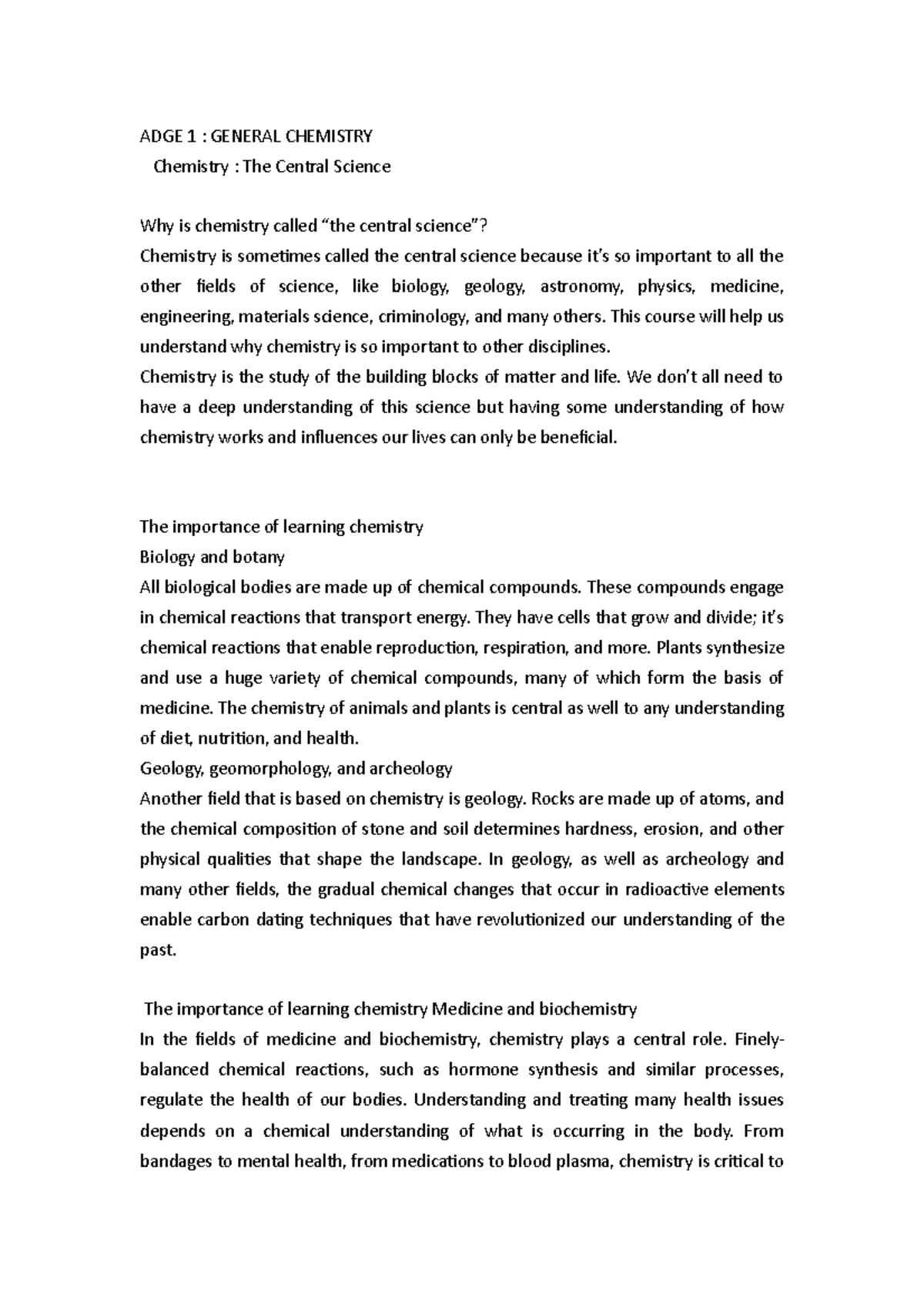 ADGE 1 General - ADGE 1 : GENERAL CHEMISTRY Chemistry : The Central ...