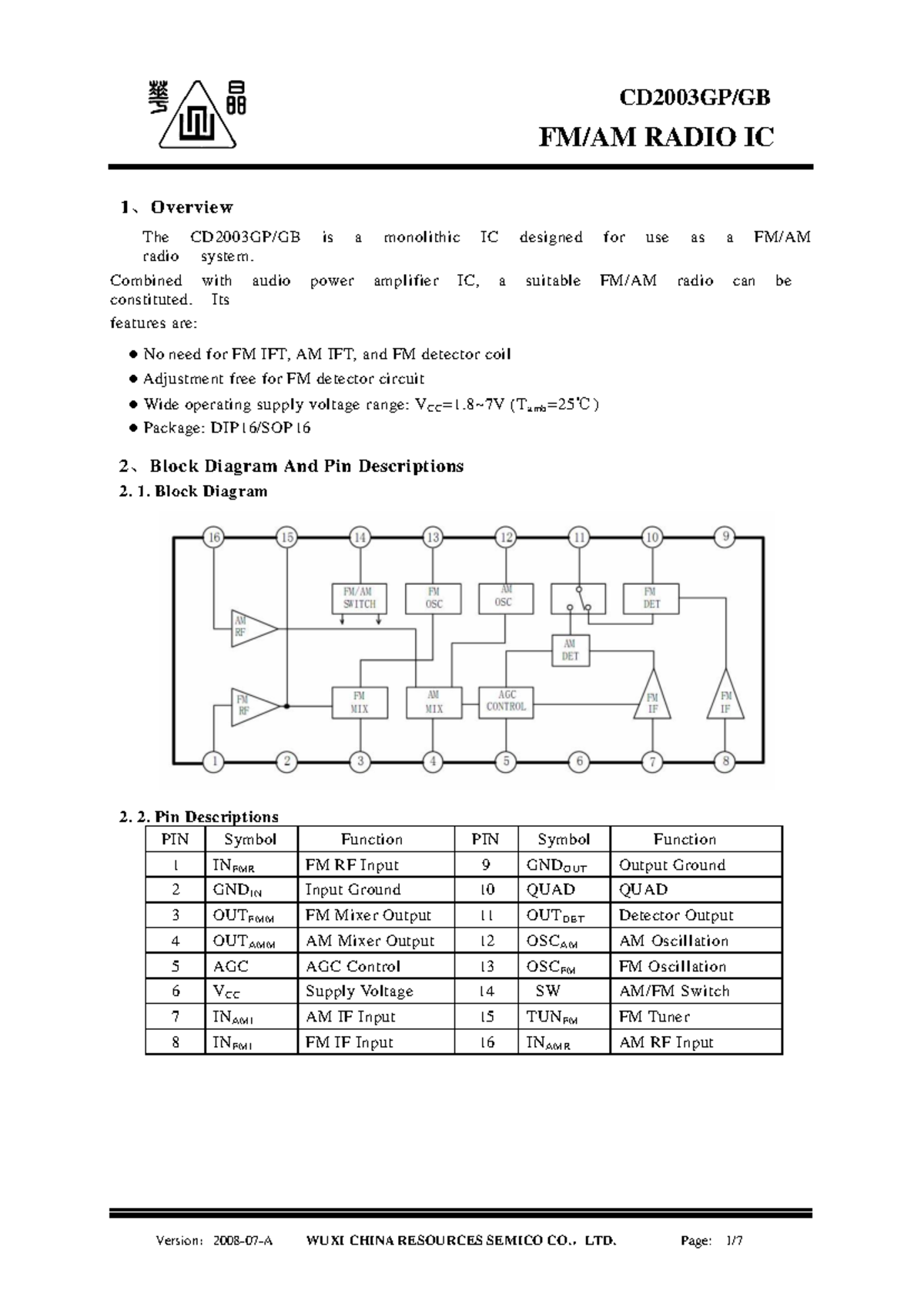 CD2003 - CD2003GP/GB FM/AM RADIO IC 1 、 Overvie w The CD2003GP/GB is a ...