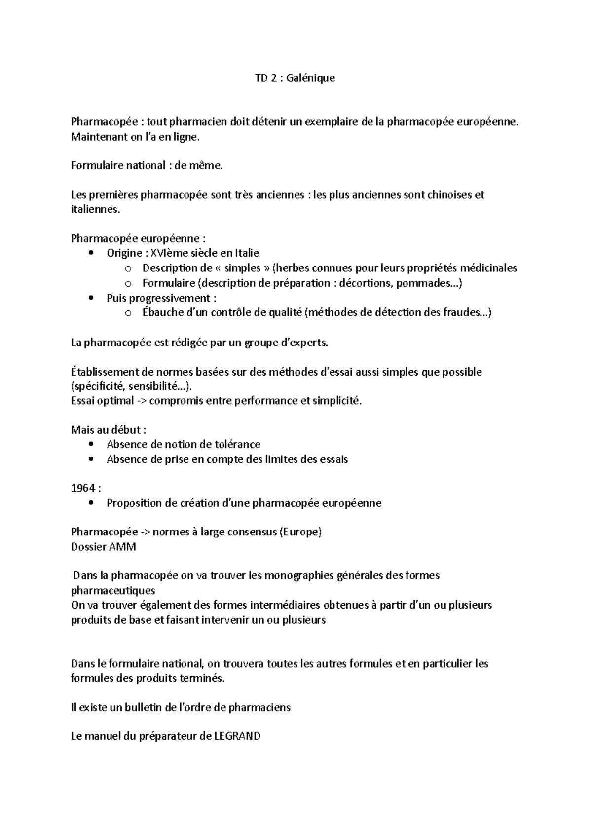 TD 2 Galénique - td galénique 1 - TD 2 : Galénique Pharmacopée : tout pharmacien doit détenir un ...