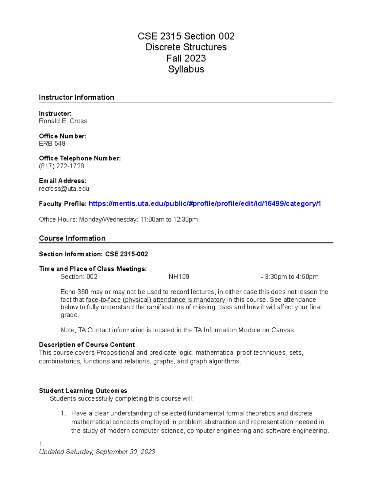 2023-FALL 2238-CSE-2315-002 - CSE 2315 Section 002 Discrete Structures Fall 2023 Syllabus ...