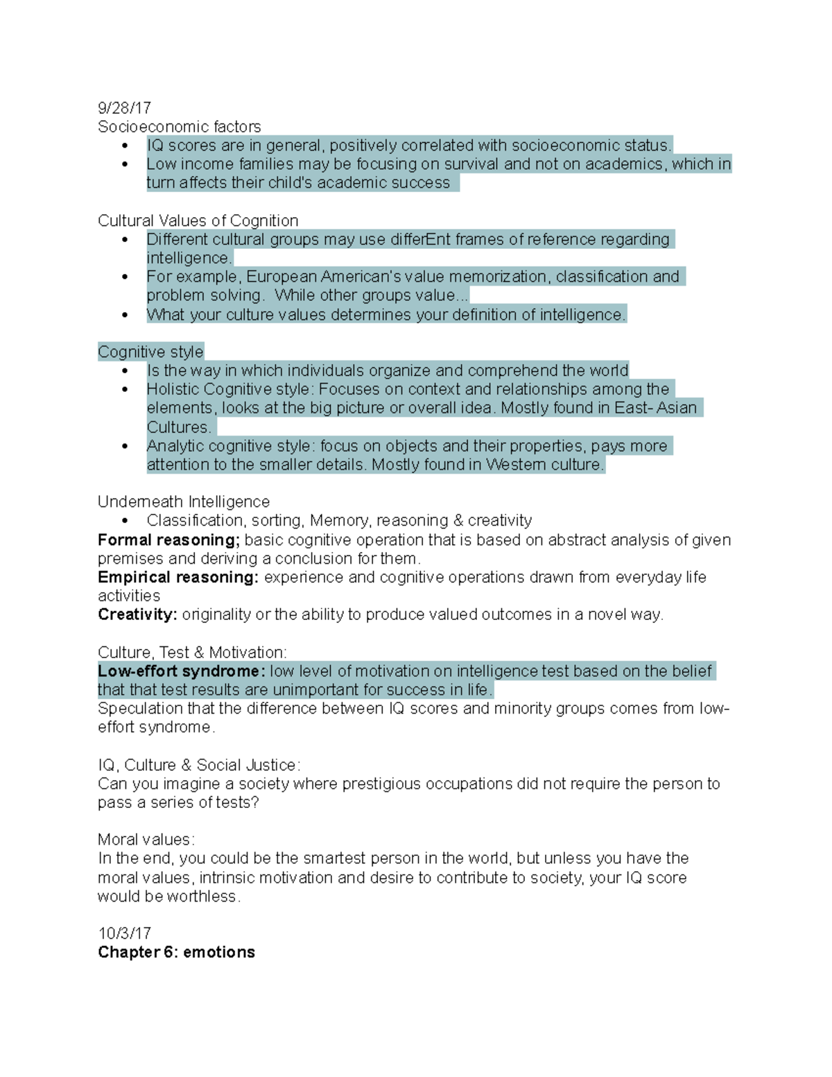 PSY and culture notes part 2 - 9/28/ Socioeconomic factors IQ scores ...