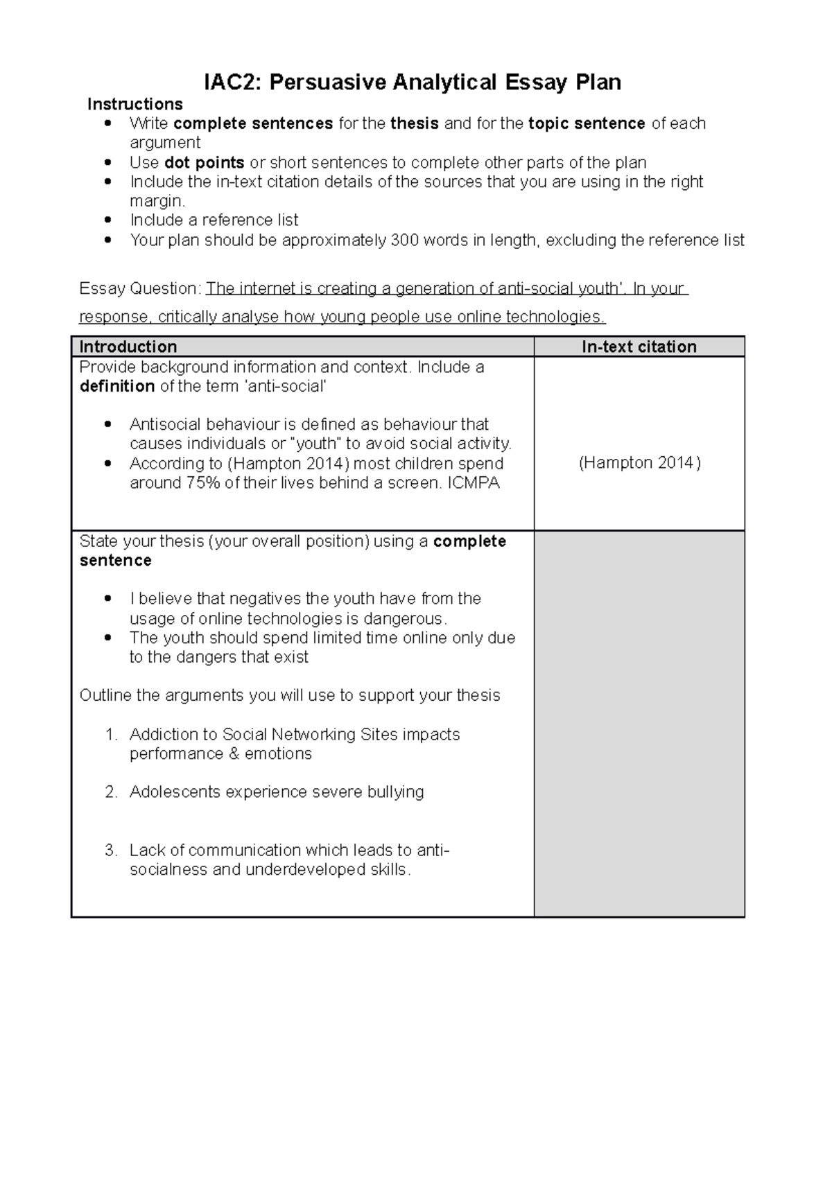 Essay Plan EXAMPLE NUMBER 2 - IAC2: Persuasive Analytical Essay Plan ...