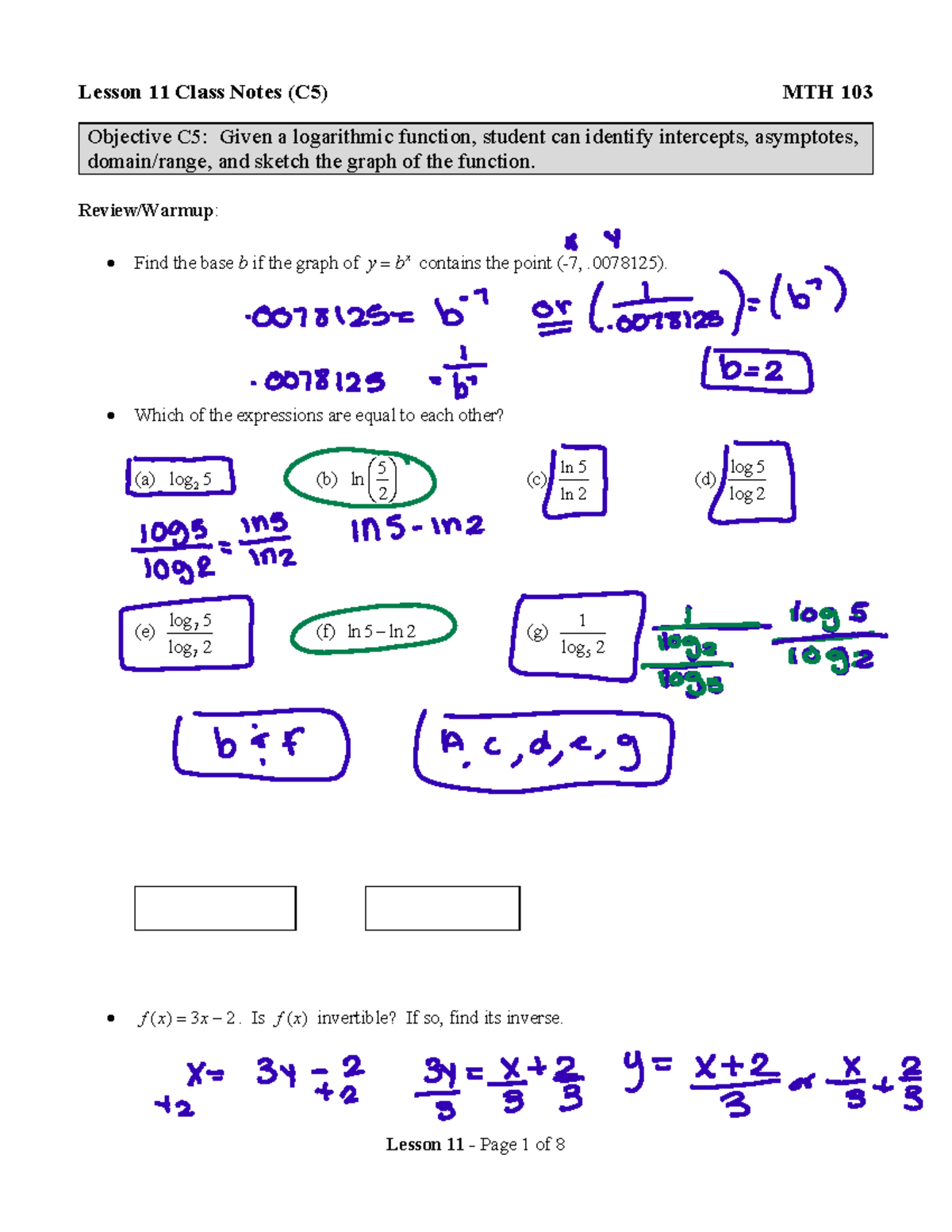 Blank Class Notes 11 - Lesson 11 Class Notes (C5) MTH 103 Objective C5 ...