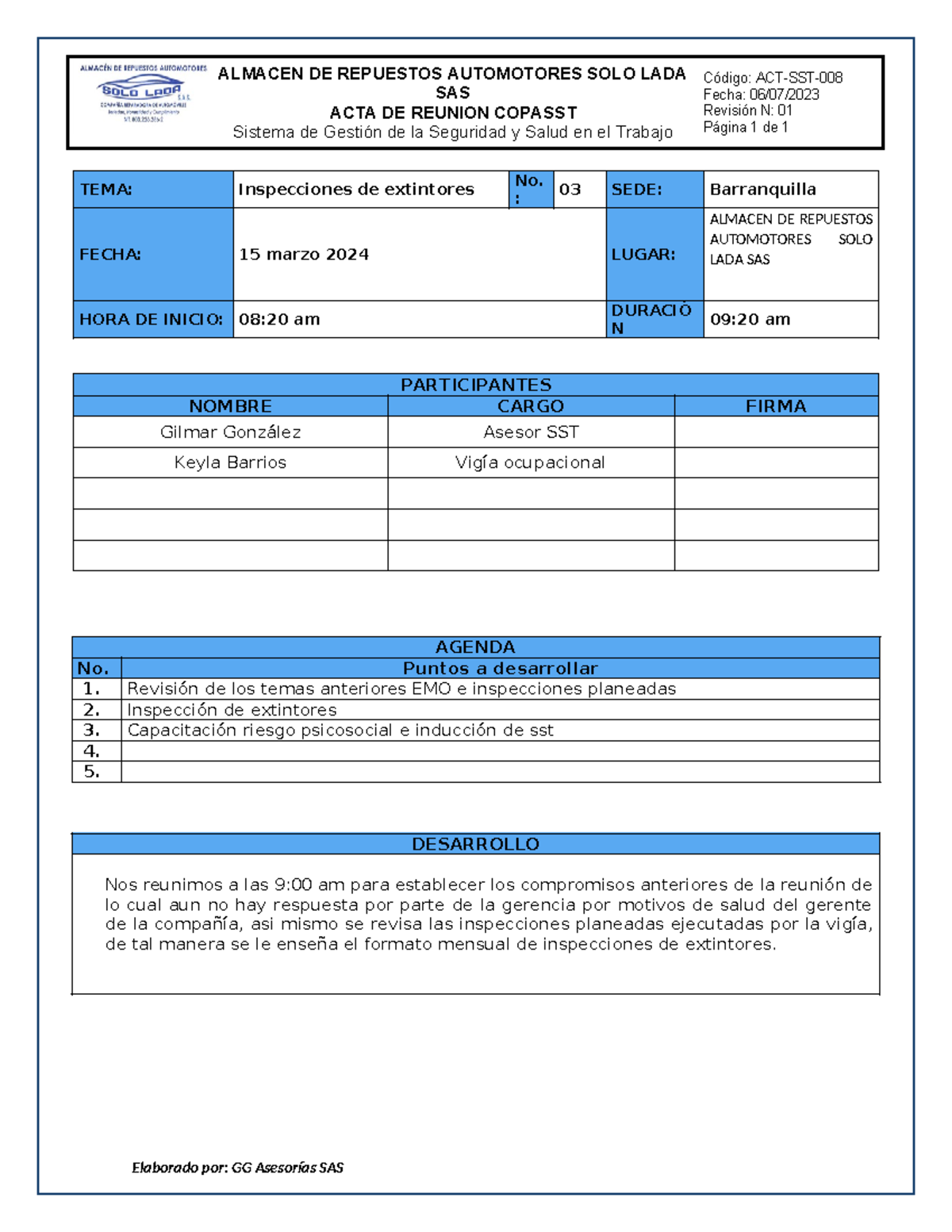 ACT-SST-008 Acta de reunion del Copasst - ALMACEN DE REPUESTOS ...
