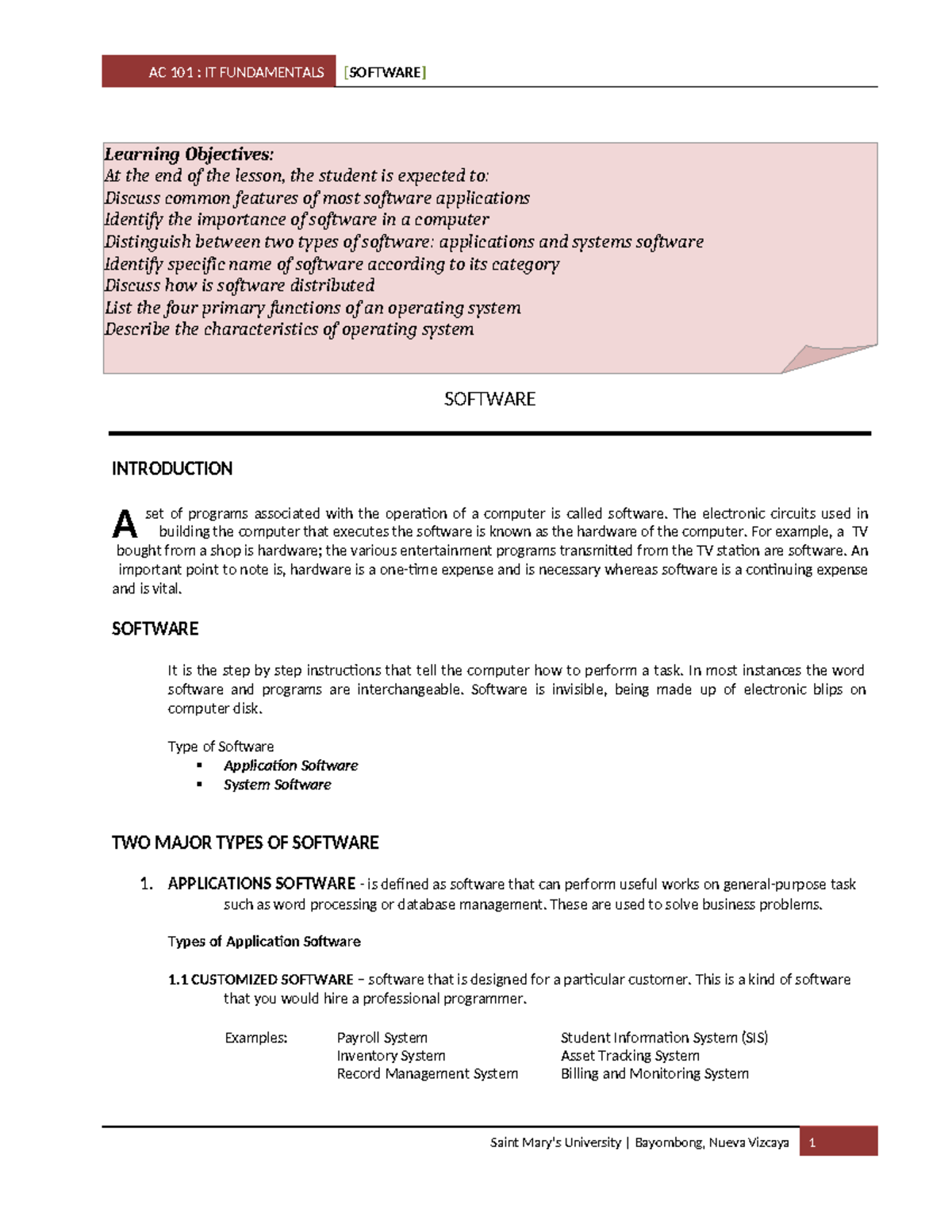 AC101-Software-1 - computer software - A Learning Objectives: At the ...