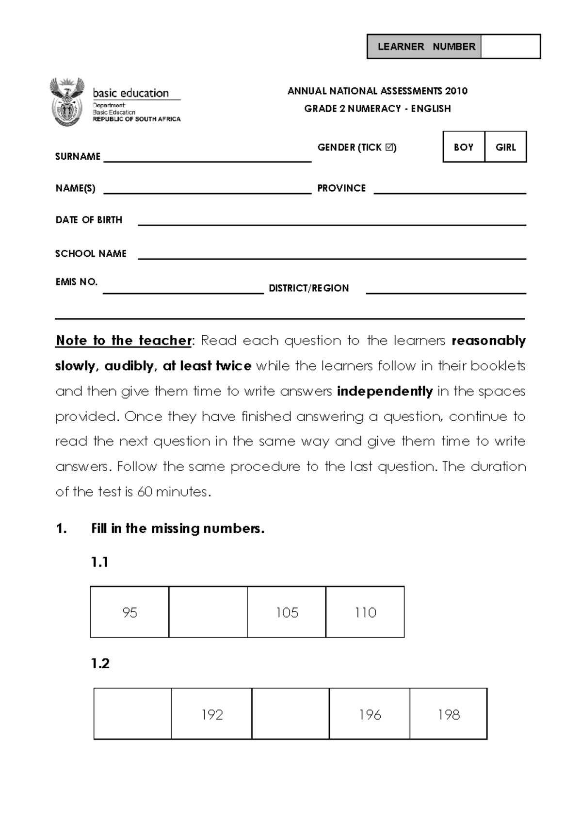 Numeracy English Grade 2 - LEARNER NUMBER Note to the teacher: Read ...