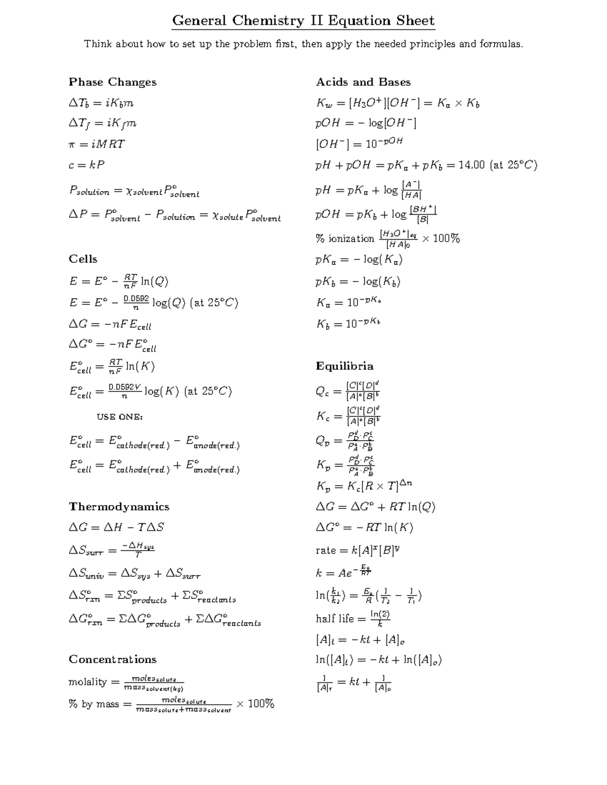 SSC Gen Chem II Formulas General Chemistry II Equation Sheet Think