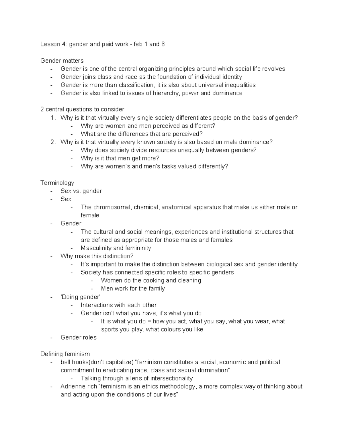 Lesson 4 - notes - Lesson 4: gender and paid work - feb 1 and 6 Gender ...