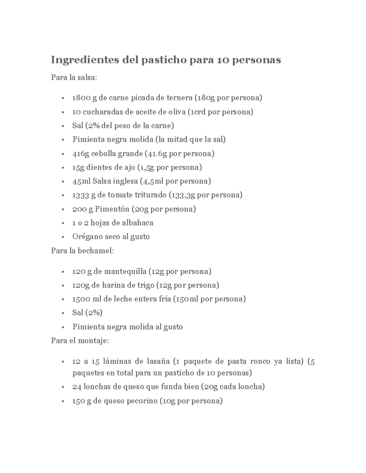 Pasticho receta por persona - Ingredientes del pasticho para 10 ...