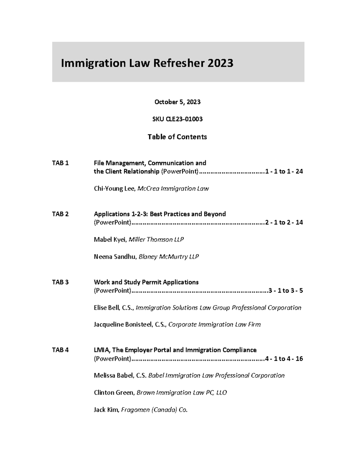 Table of Contents - Canadian Immigration Practice Guide re CICC EPE ...