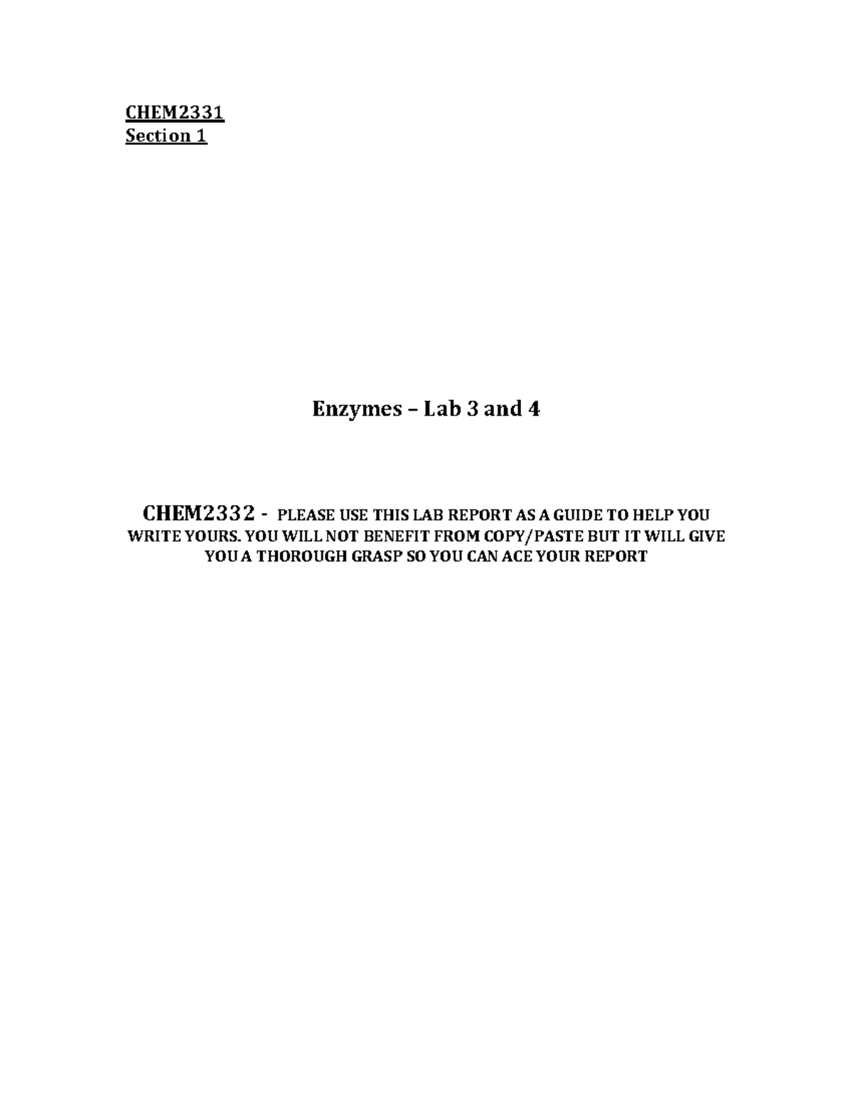 Practical - Lab report 1-7 - CHEM2331 Section 1 Enzymes Lab 3 and 4 ...