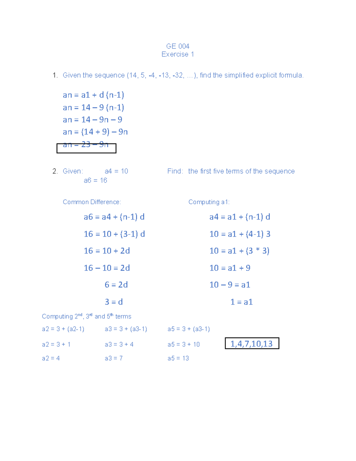 Math Sequence - MMW - GE 004 Exercise 1 1. Given the sequence (14, 5 ...