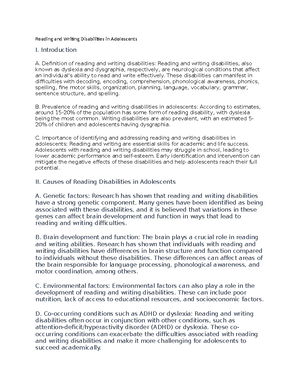 Reading and Writing Disabilities in Adolescent - Dysgraphia ...