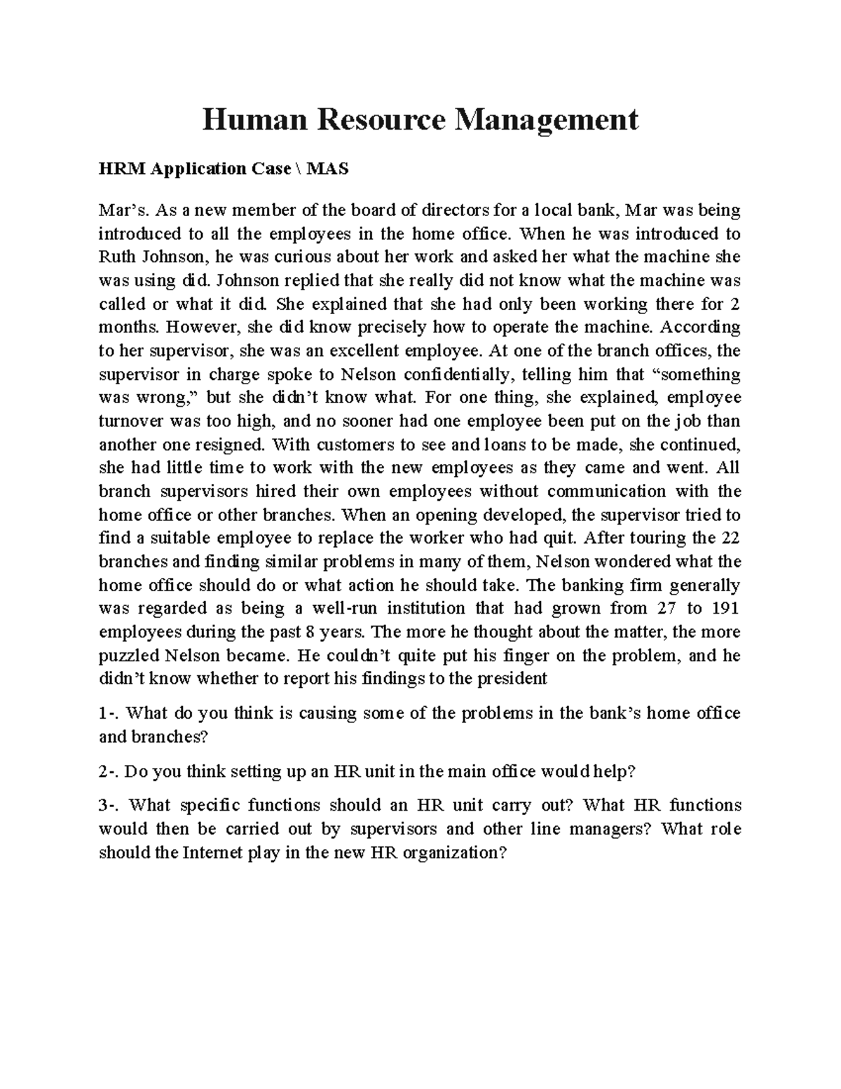 HRM CASE1 - Human Resource Management HRM Application Case \ MAS Mar’s ...