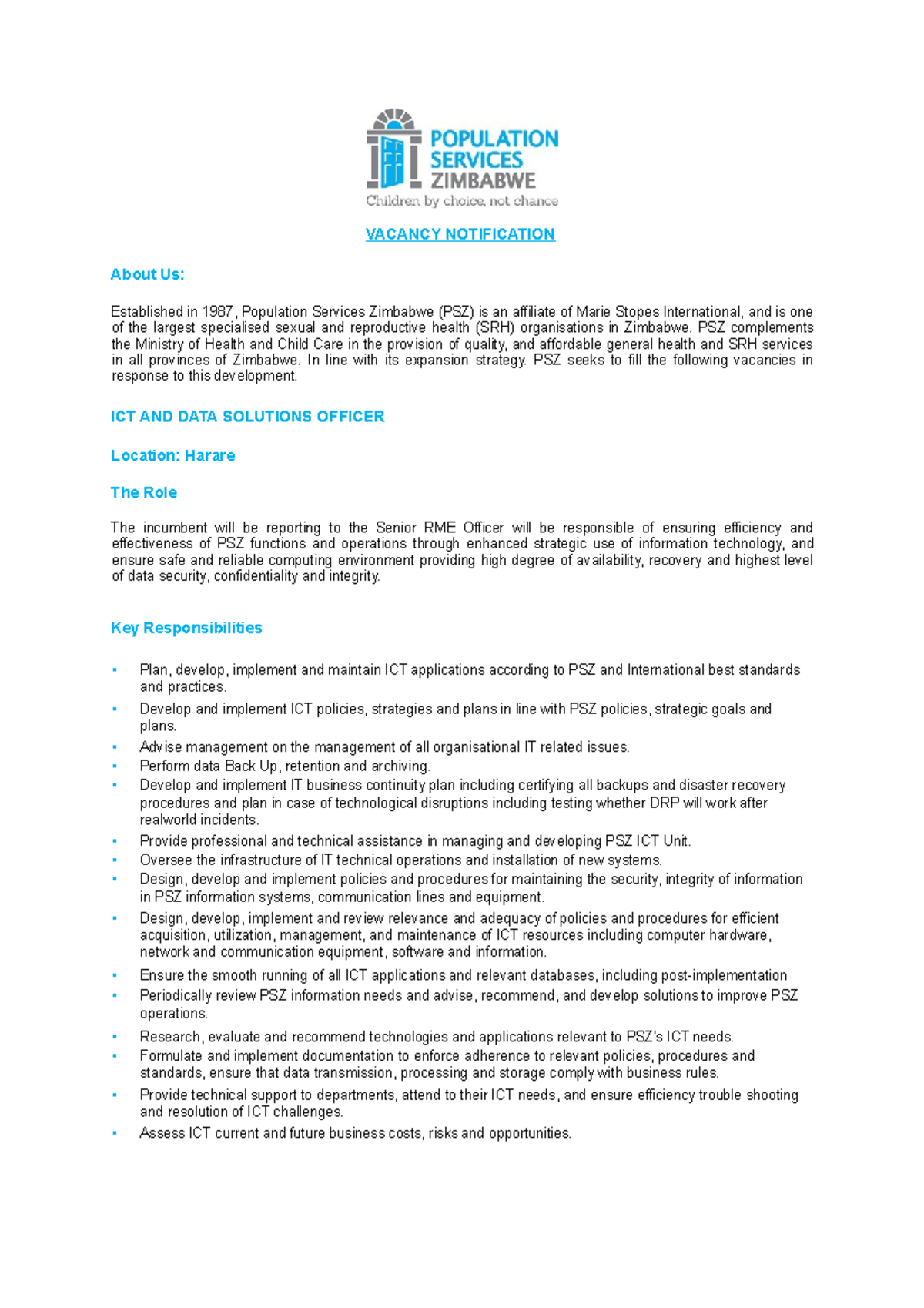 ICT and Data Solution Officer - External Job advert - VACANCY ...