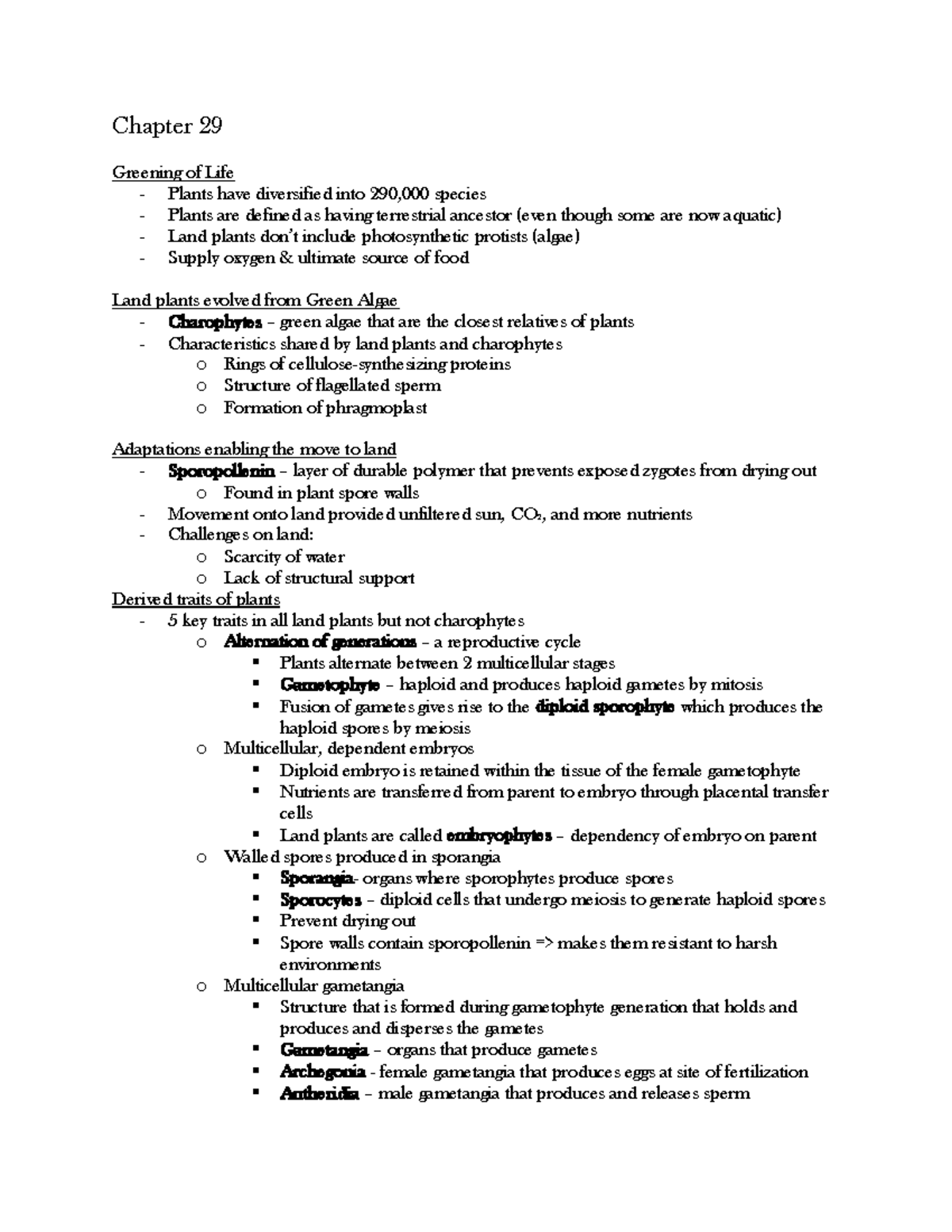 Chapter 29 Notes - Chapter 29 Greening of Life - Plants have ...