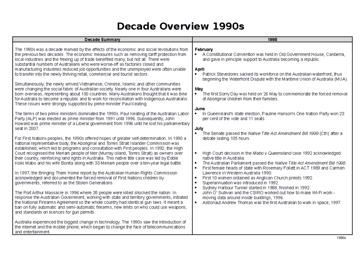 1990s overview - Nine Days - Decade Overview 1990s Decade Summary 1998 ...