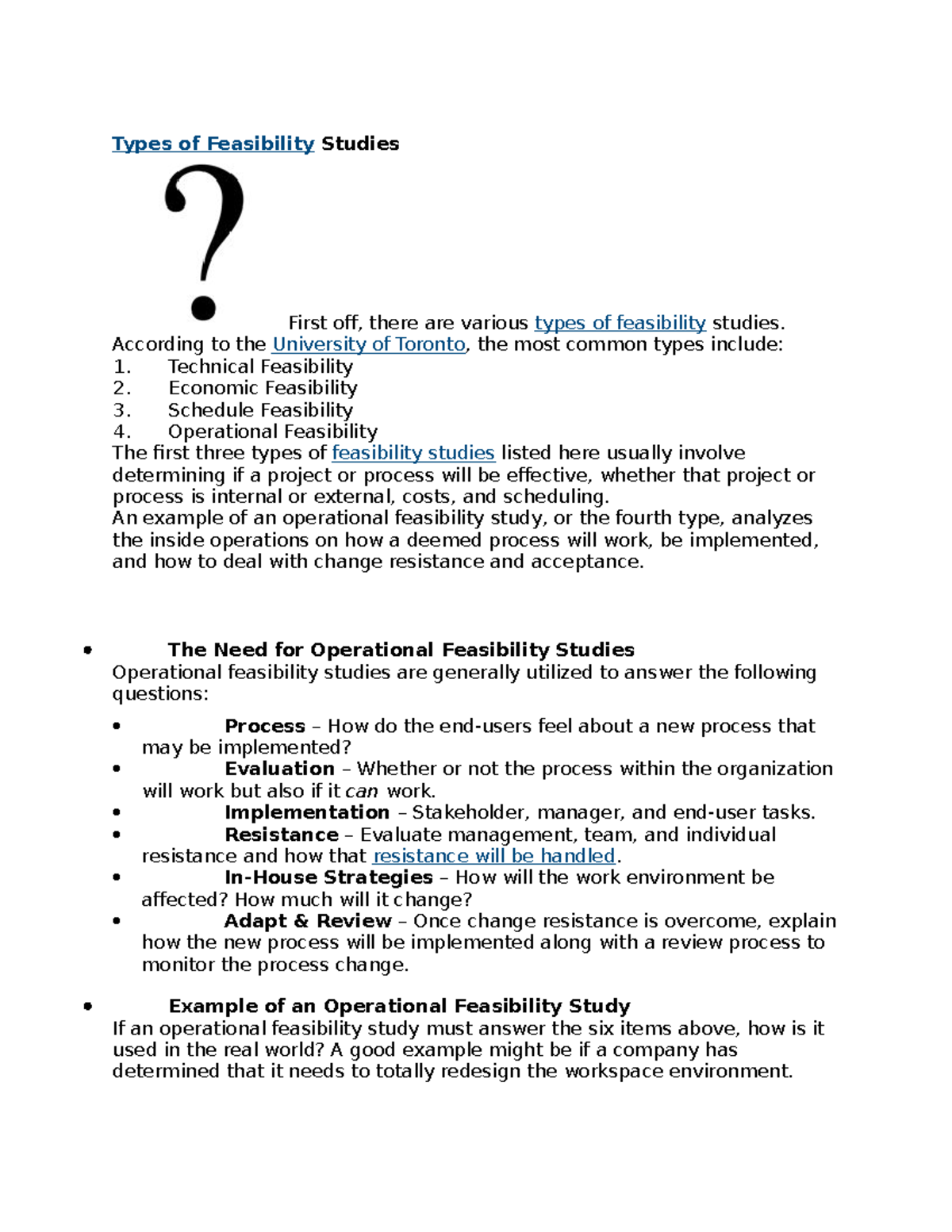 Types of Feasibility - According to the University of Toronto, the most ...