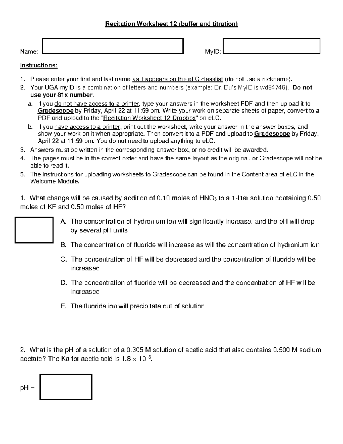 Recitation Worksheet 12 (Buffers and Titrations) - Recitation Worksheet ...