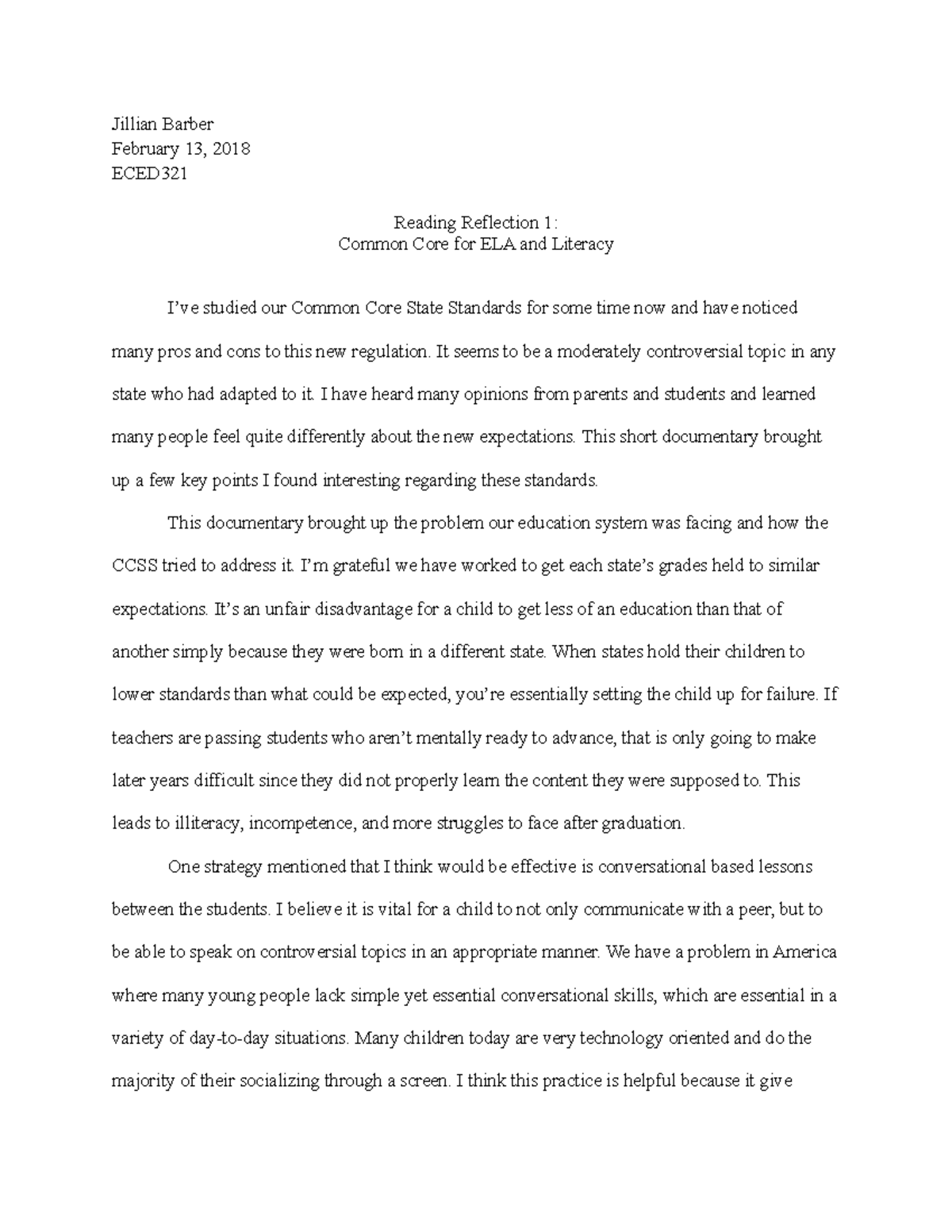 Reading Reflection 1 ECED321 - Jillian Barber February 13, 2018 ECED321 ...