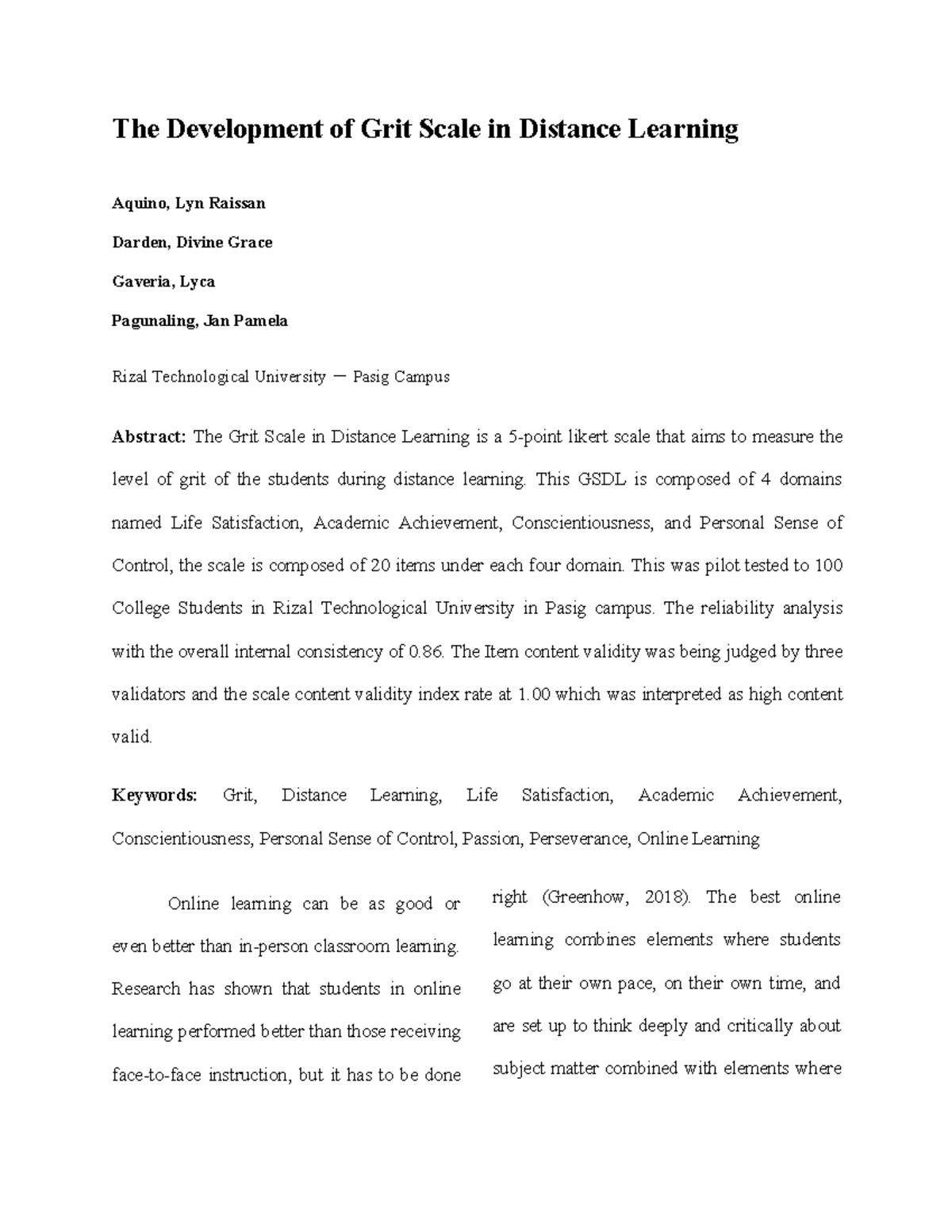 Grit Scale in Distance Learning - This GSDL is composed of 4 domains ...