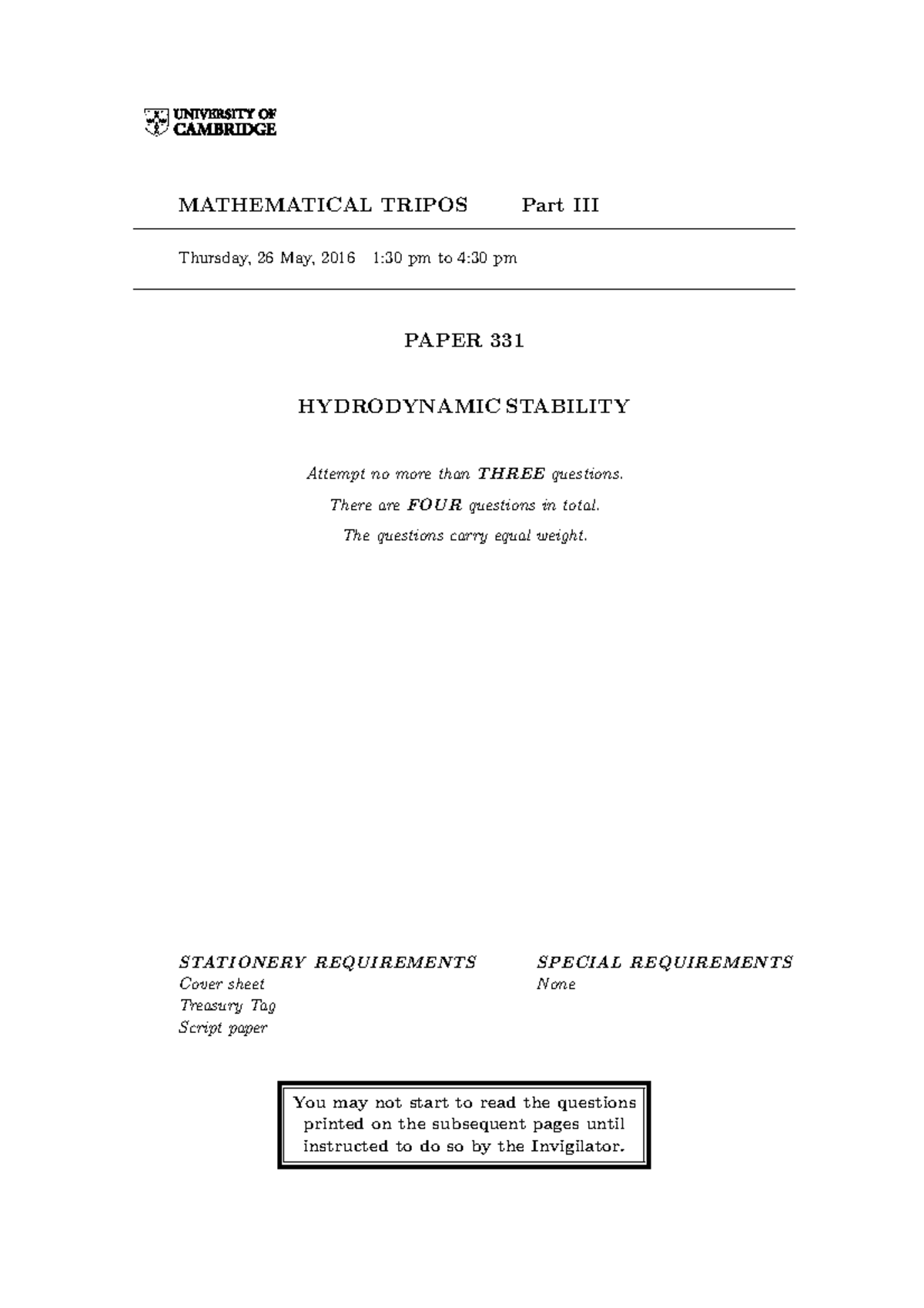 Exam 26 May 2016, questions - MATHEMATICAL TRIPOS Part III Thursday, 26 ...