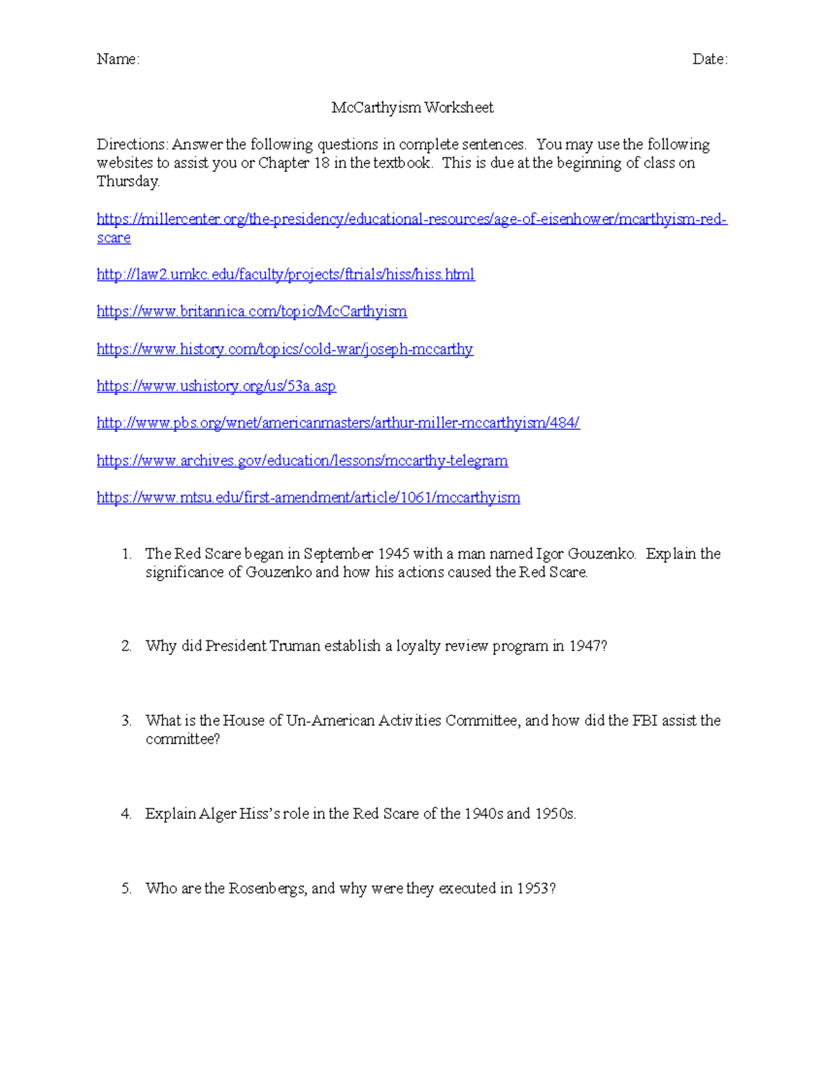 Copy of Mc Carthyism Worksheet - Name: Date: McCarthyism Worksheet ...