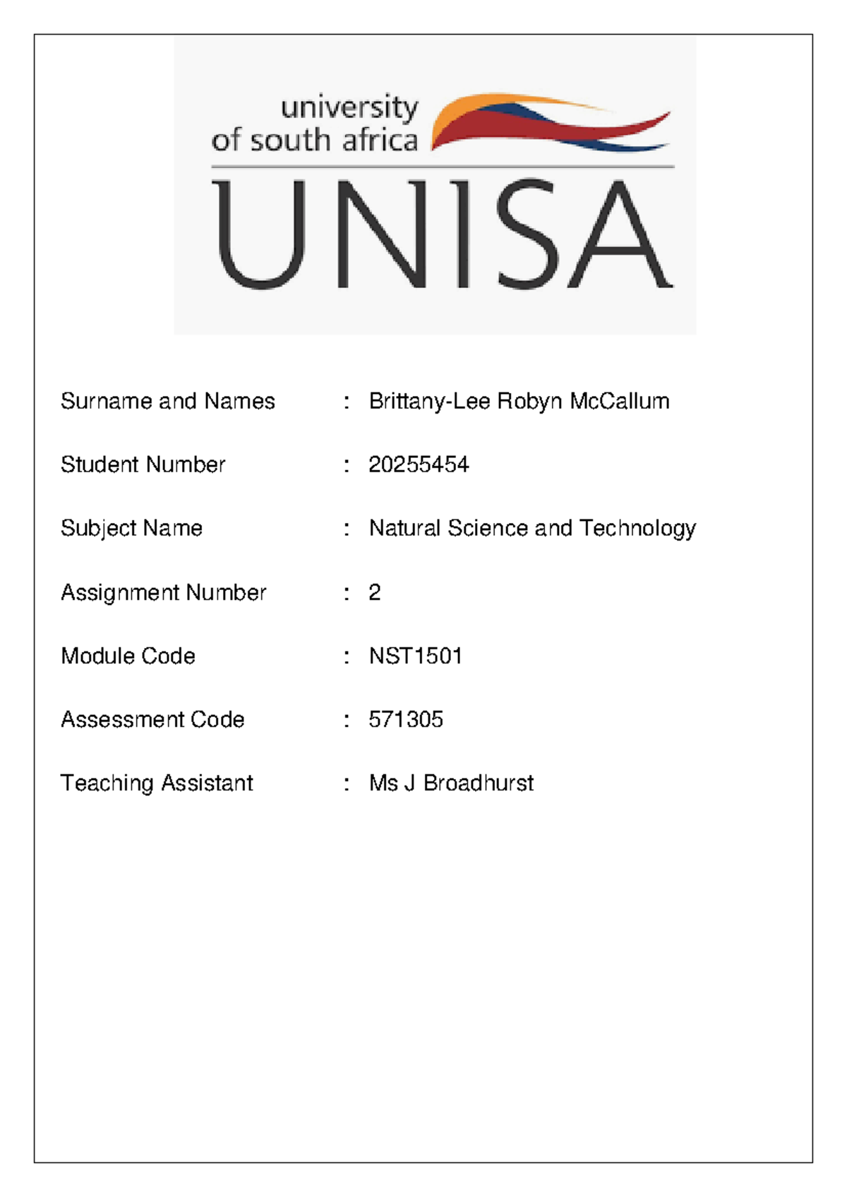 NST1501 Assignment 2 - Surname and Names : Brittany-Lee Robyn McCallum ...